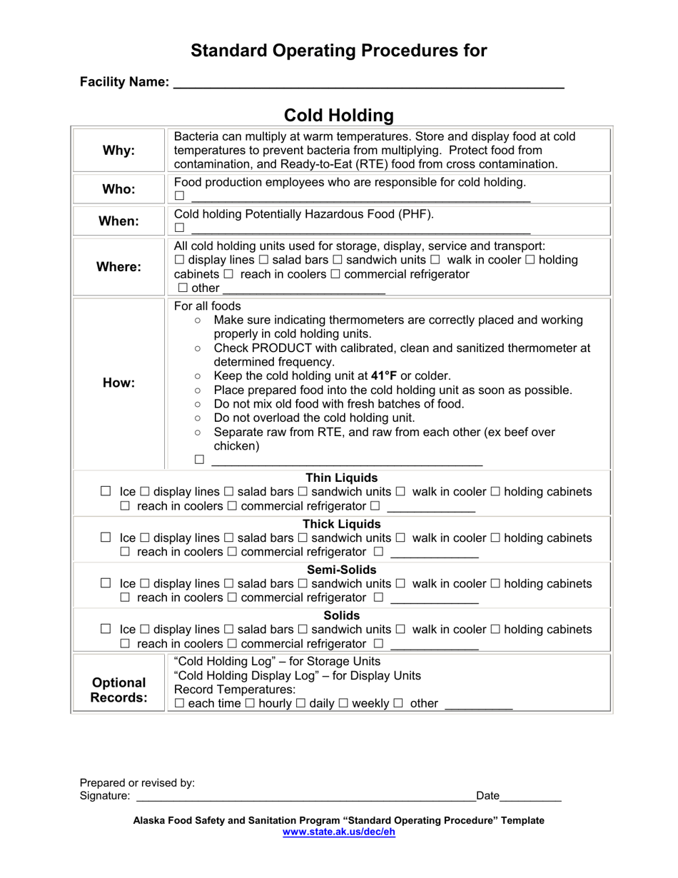 Alaska Standard Operating Procedures for Cold Holding - Fill Out, Sign ...