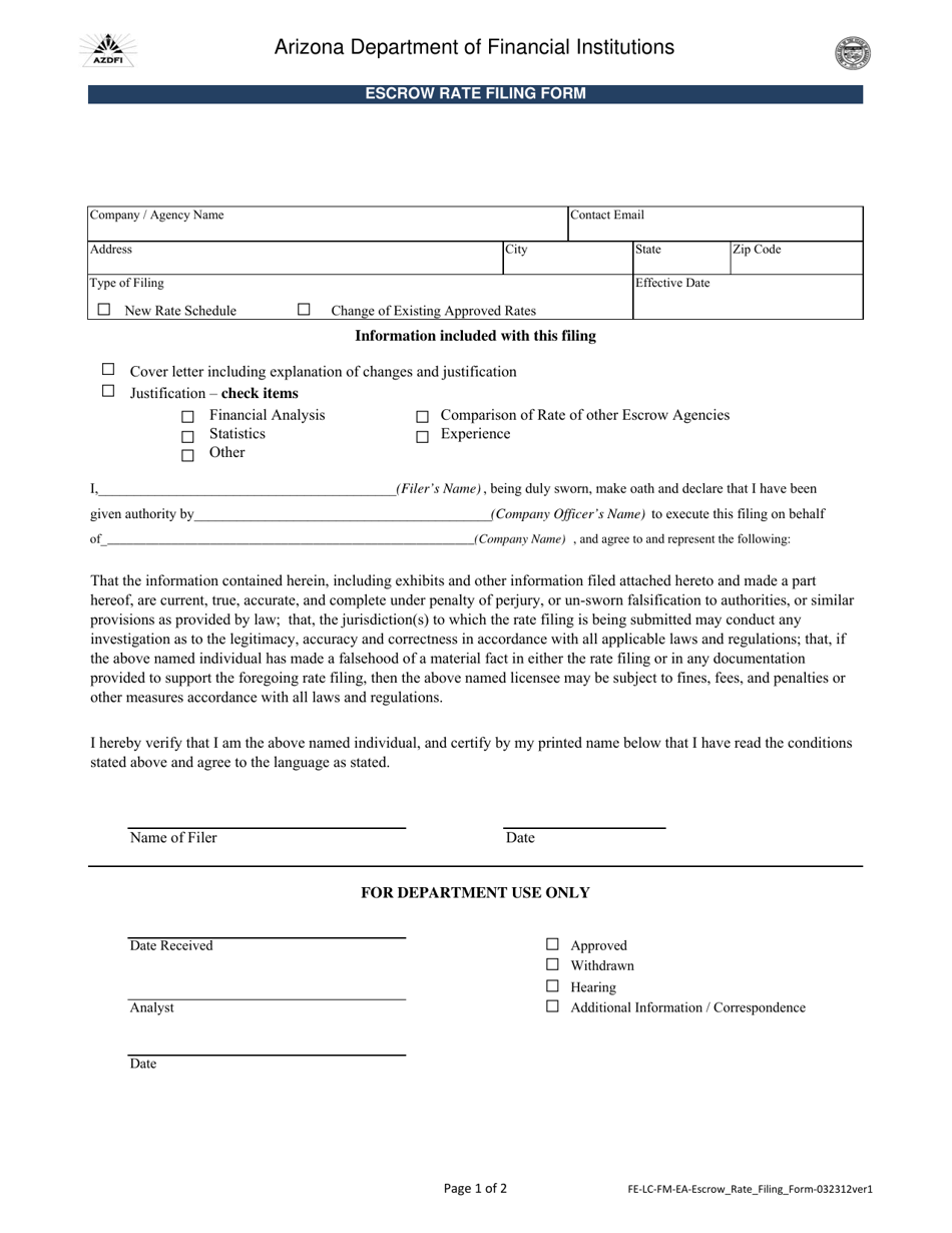 Arizona Escrow Rate Filing Form - Fill Out, Sign Online and Download ...