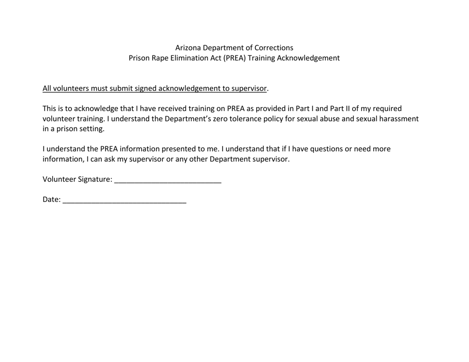 Arizona Prison Rape Elimination Act (Prea) Training Acknowledgement ... Arizona Prison Rape Elimination Act (Prea) Training Acknowledgement ...