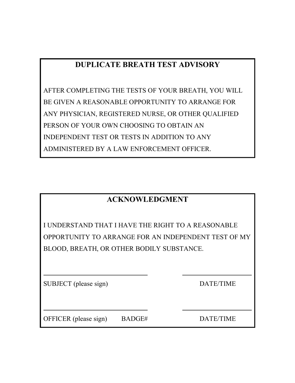 Arizona Duplicate Breath Test Advisory Acknowledgement - Fill Out, Sign ...