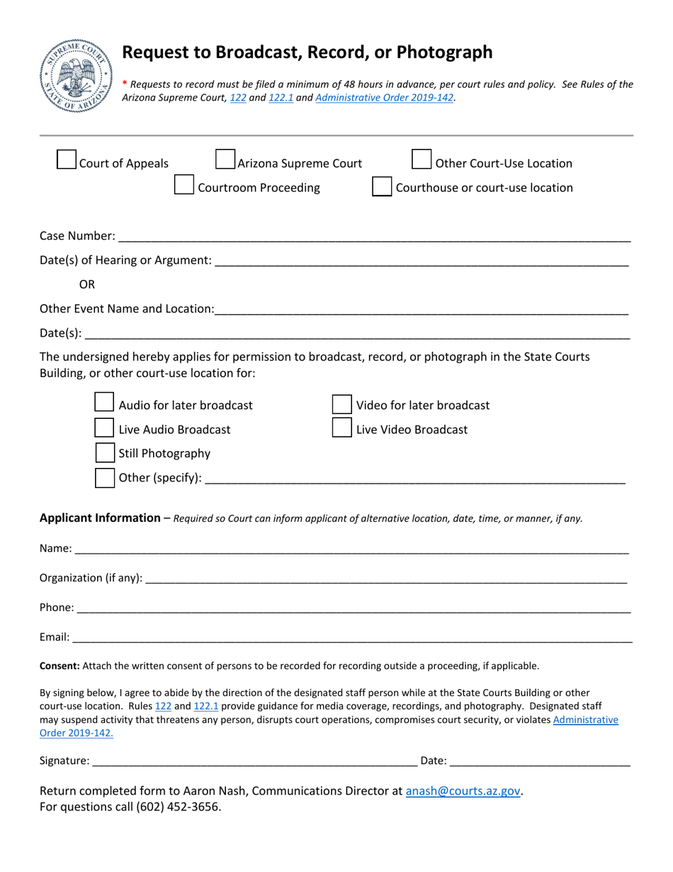 Arizona Request to Broadcast, Record, or Photograph - Fill Out, Sign ...