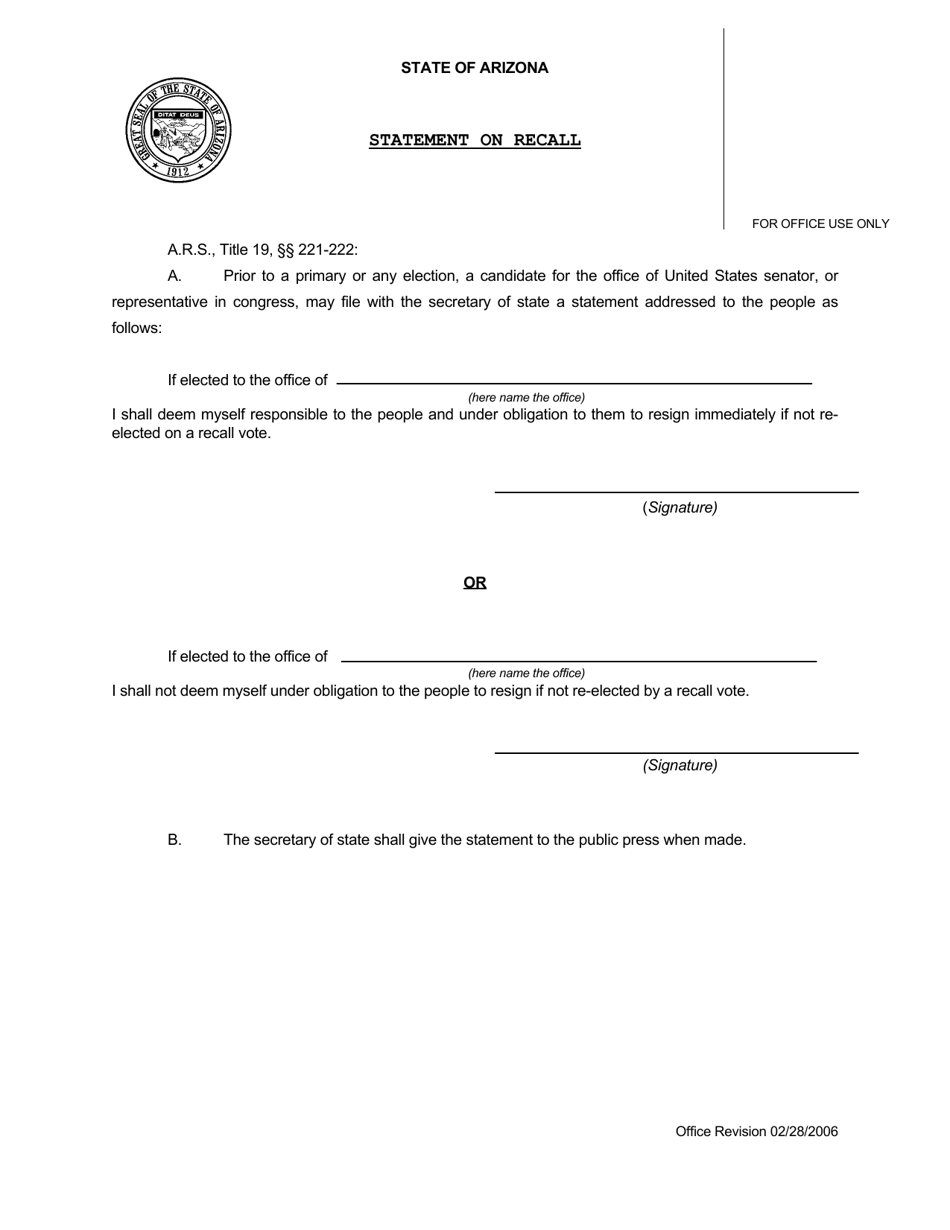 Arizona Statement on Recall - Fill Out, Sign Online and Download PDF ...