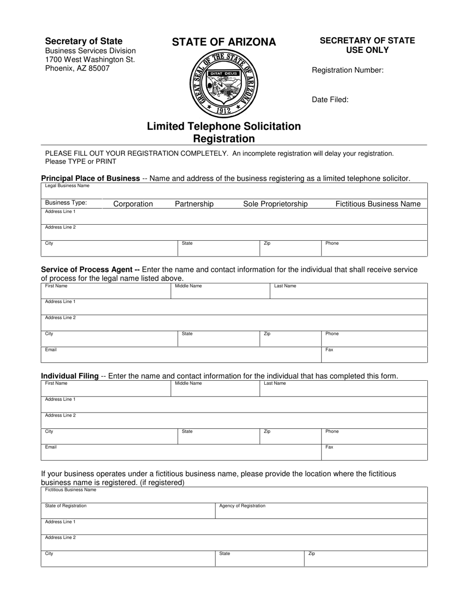 Arizona Limited Telephone Solicitation Registration - Fill Out, Sign ...