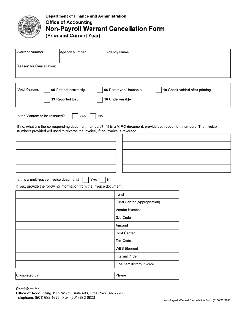 Arkansas Non-payroll Warrant Cancellation Form (Prior and Current Year ...