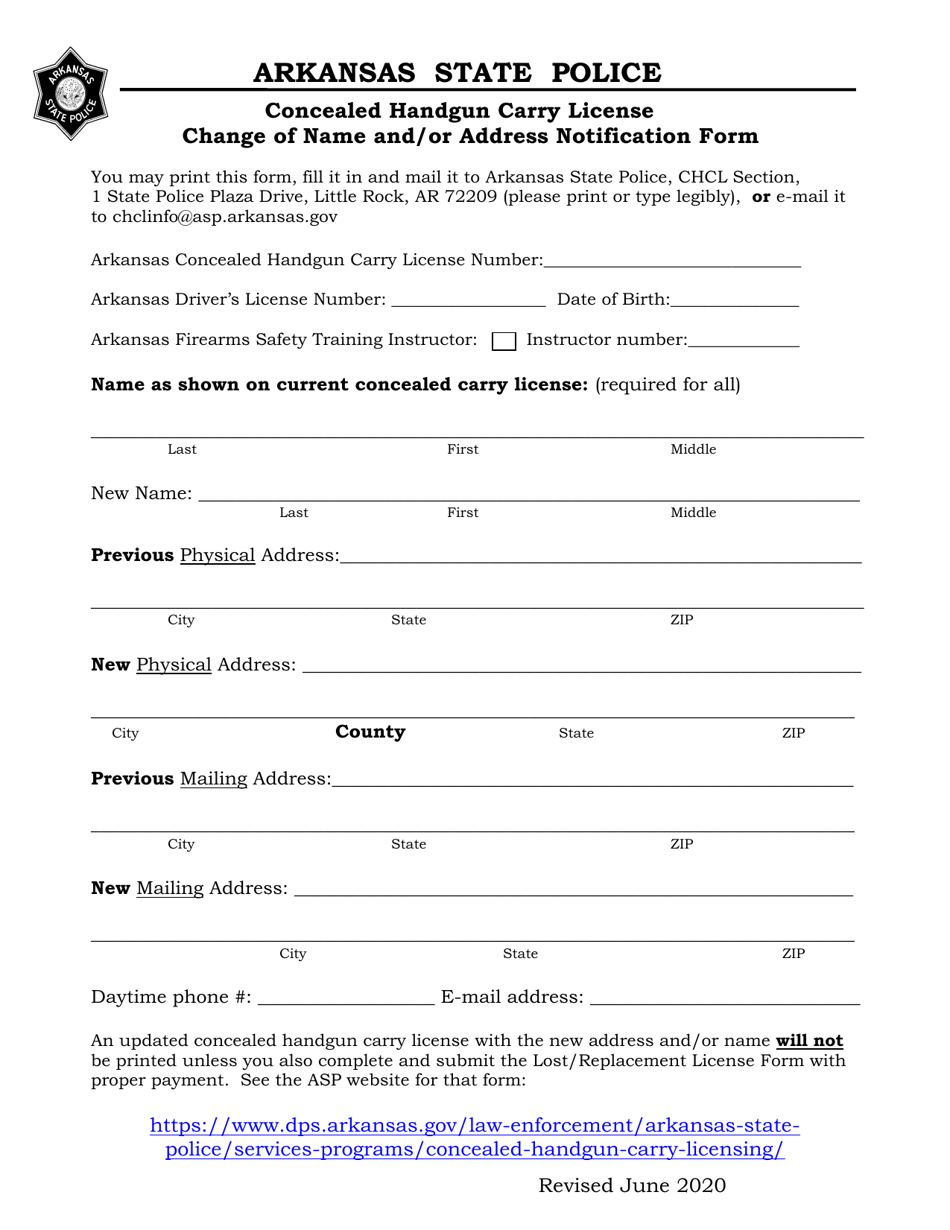 Arkansas Concealed Handgun Carry License Change of Name and/or Address Notification Form - Fill ...