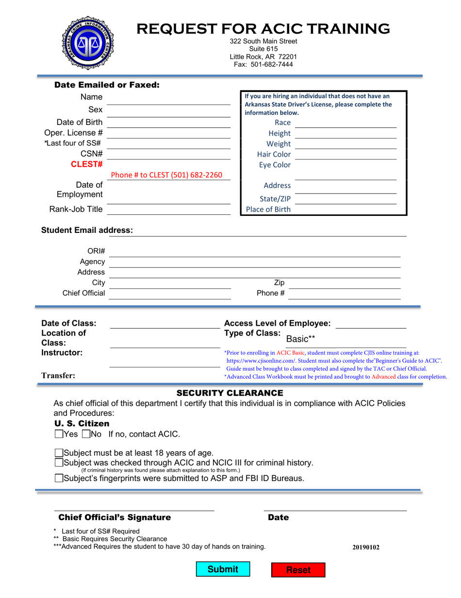 Arkansas Request for Acic Training - Fill Out, Sign Online and Download ...