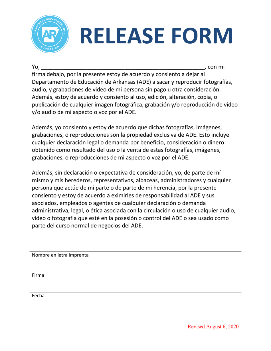 Arkansas Release Form - Adult (Spanish) - Fill Out, Sign Online and ...