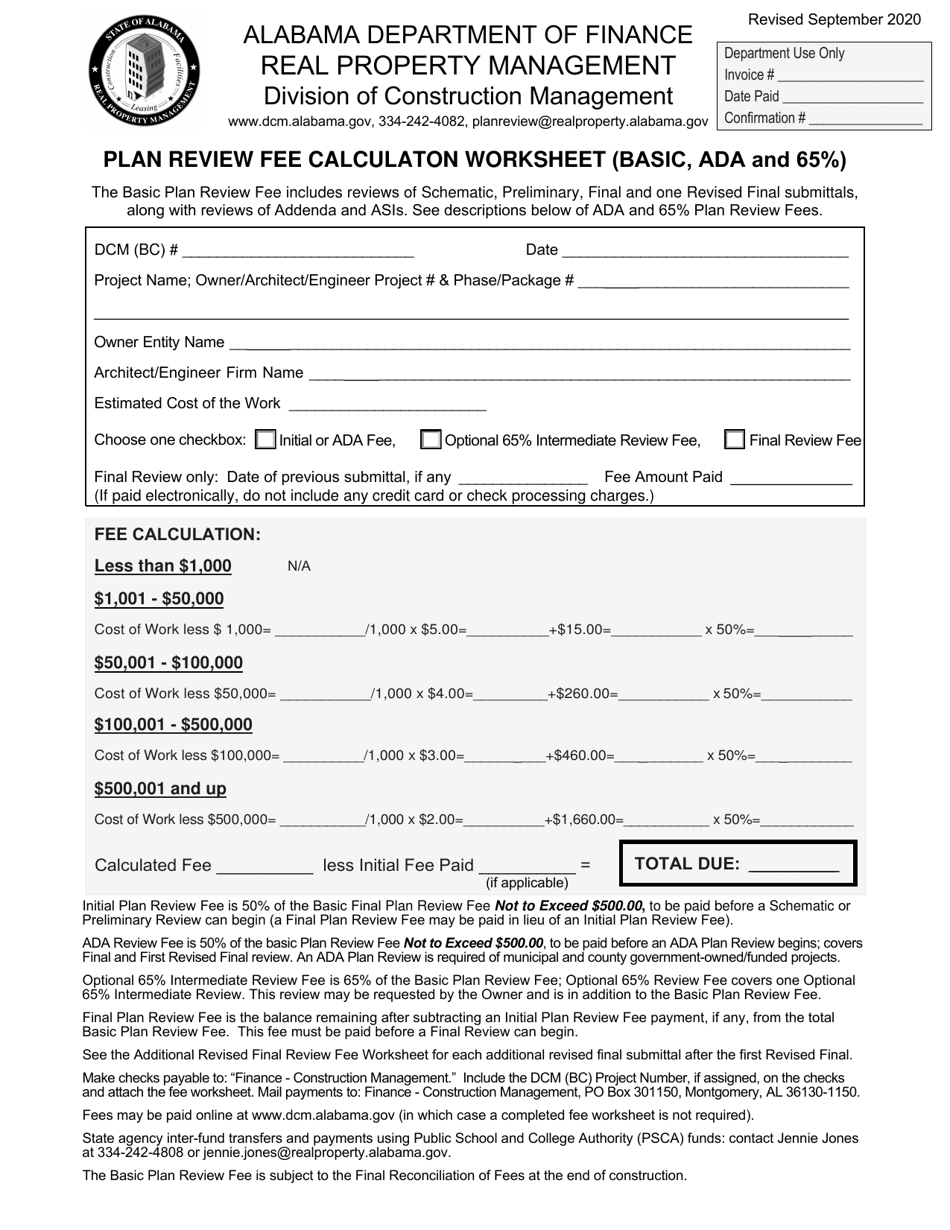 Alabama Plan Review Fee Calculaton Worksheet (Basic, Ada and 65% ...