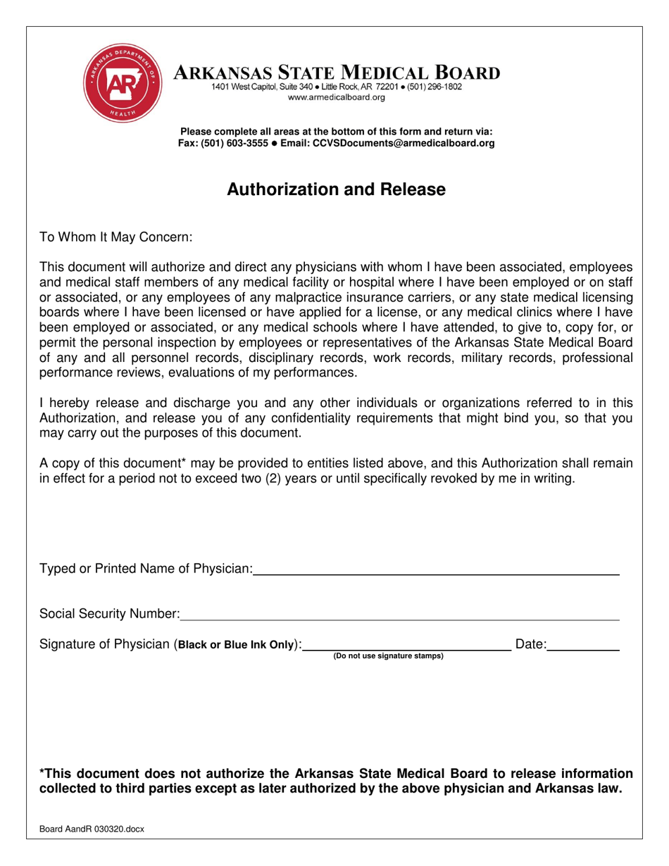 Arkansas Authorization and Release - Fill Out, Sign Online and Download ...
