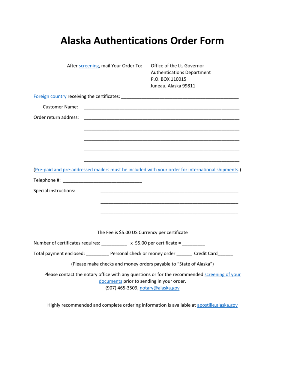 Alaska Alaska Authentications Order Form - Fill Out, Sign Online and ...