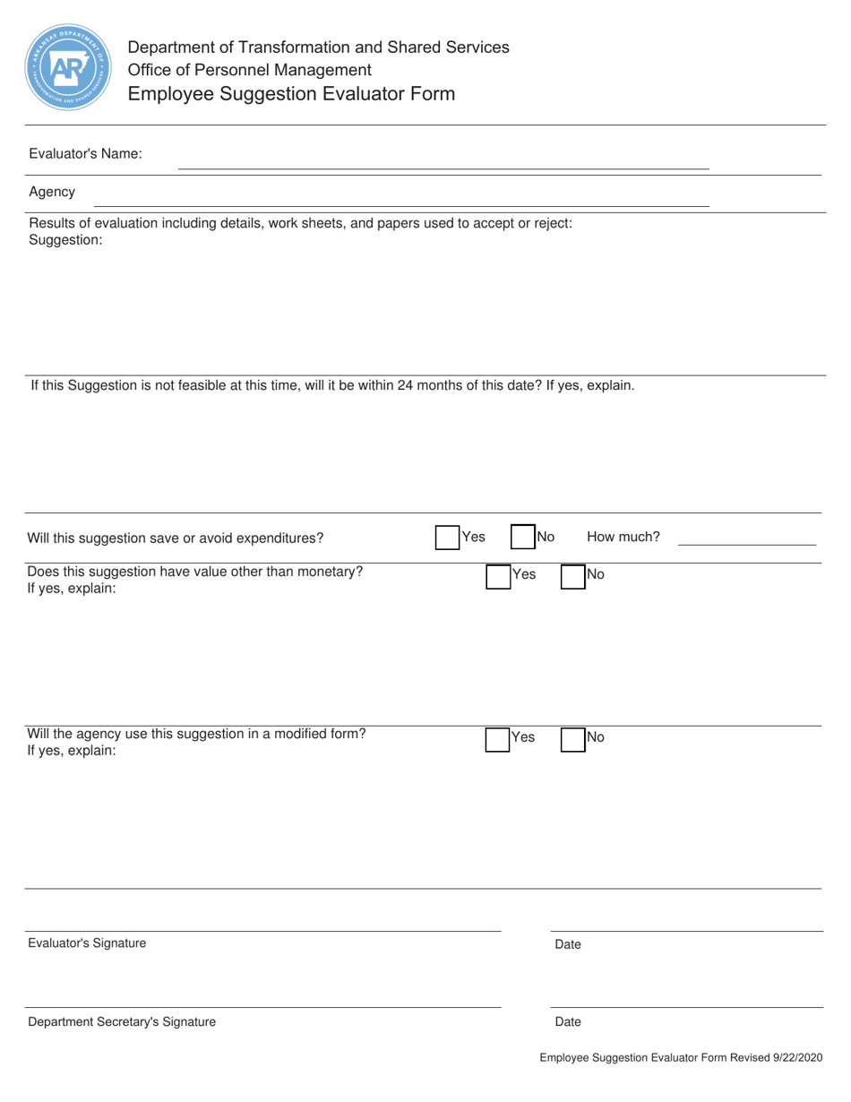 Arkansas Employee Suggestion Evaluator Form Download Fillable PDF | Templateroller