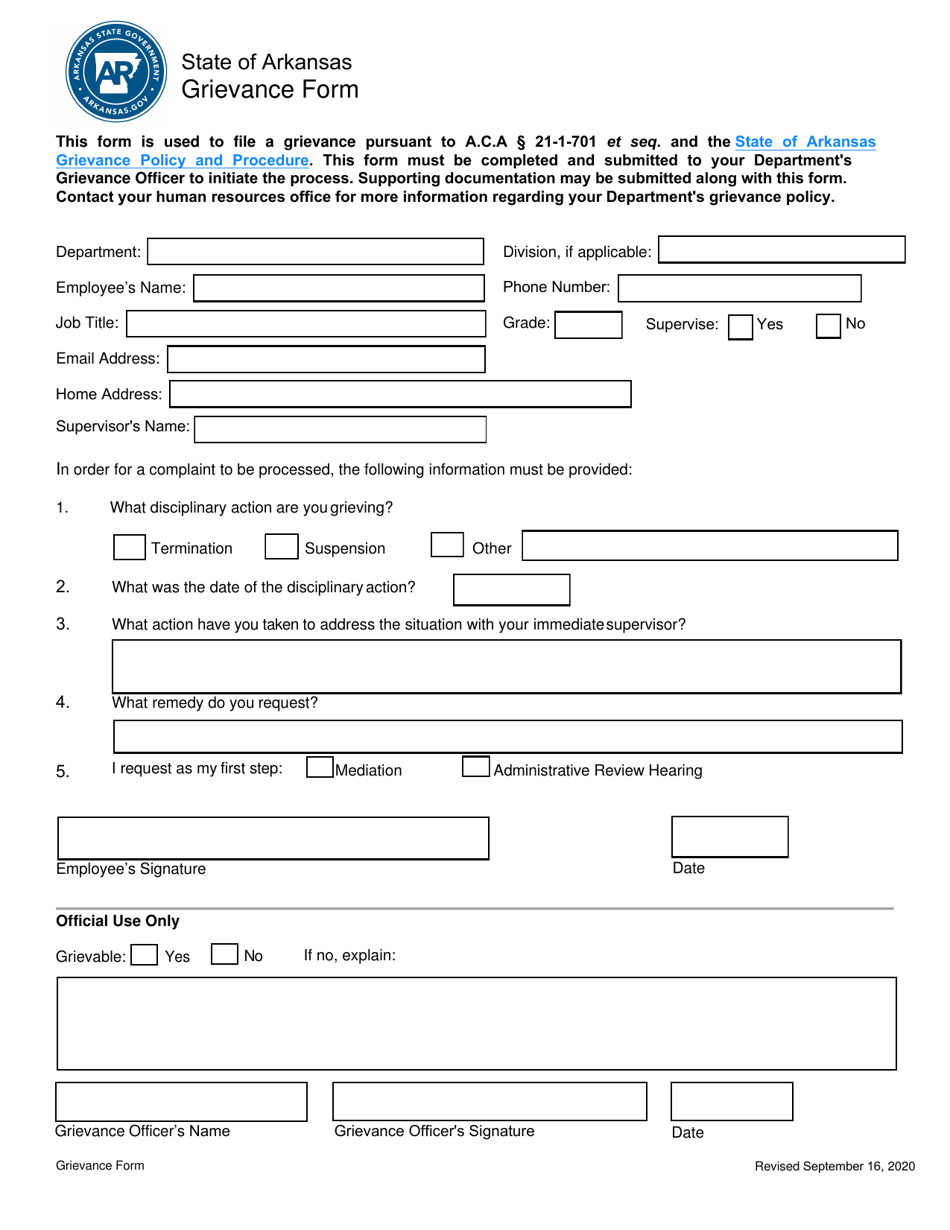 Arkansas Grievance Form - Fill Out, Sign Online and Download PDF ...