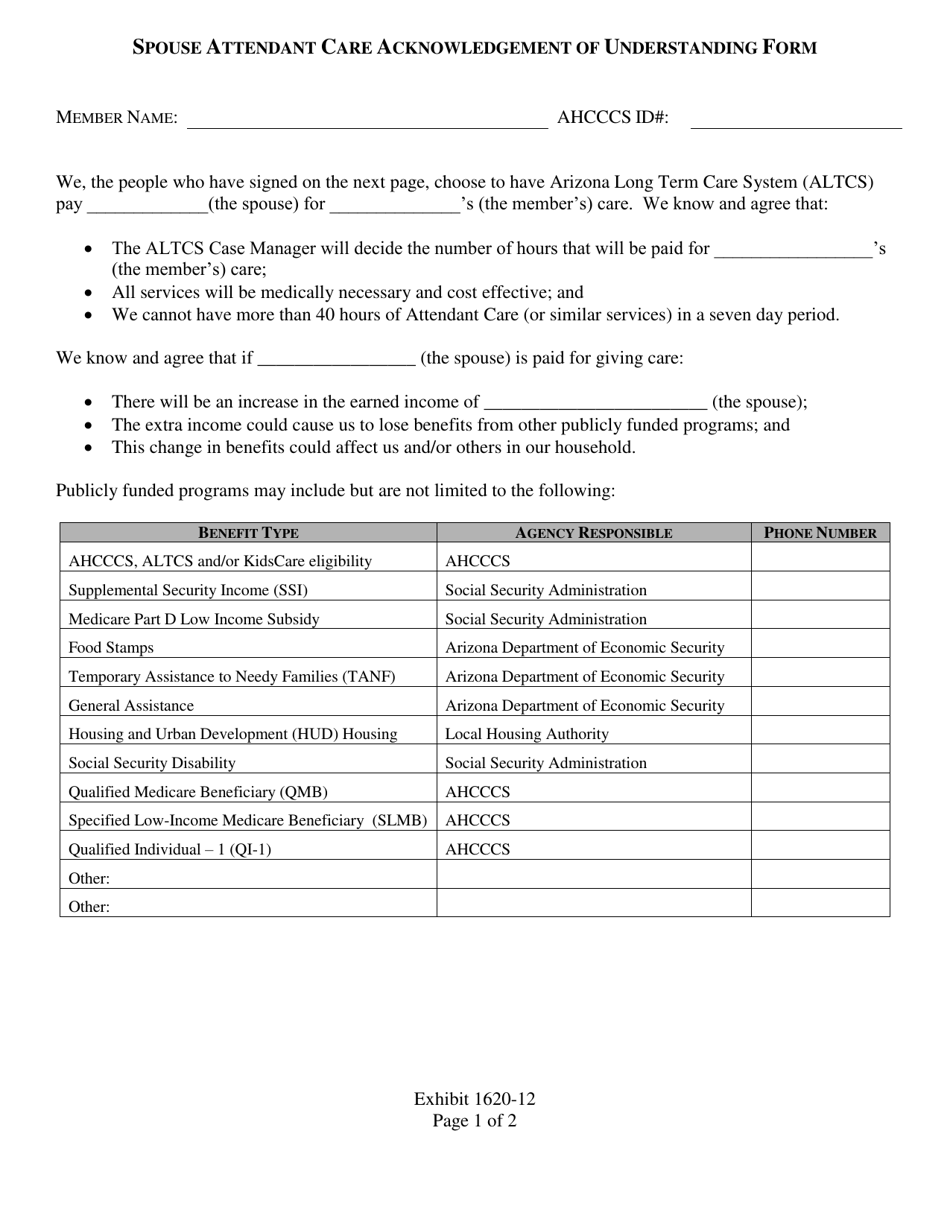 Arizona Spouse Attendant Care Acknowledgement of Understanding Form ...