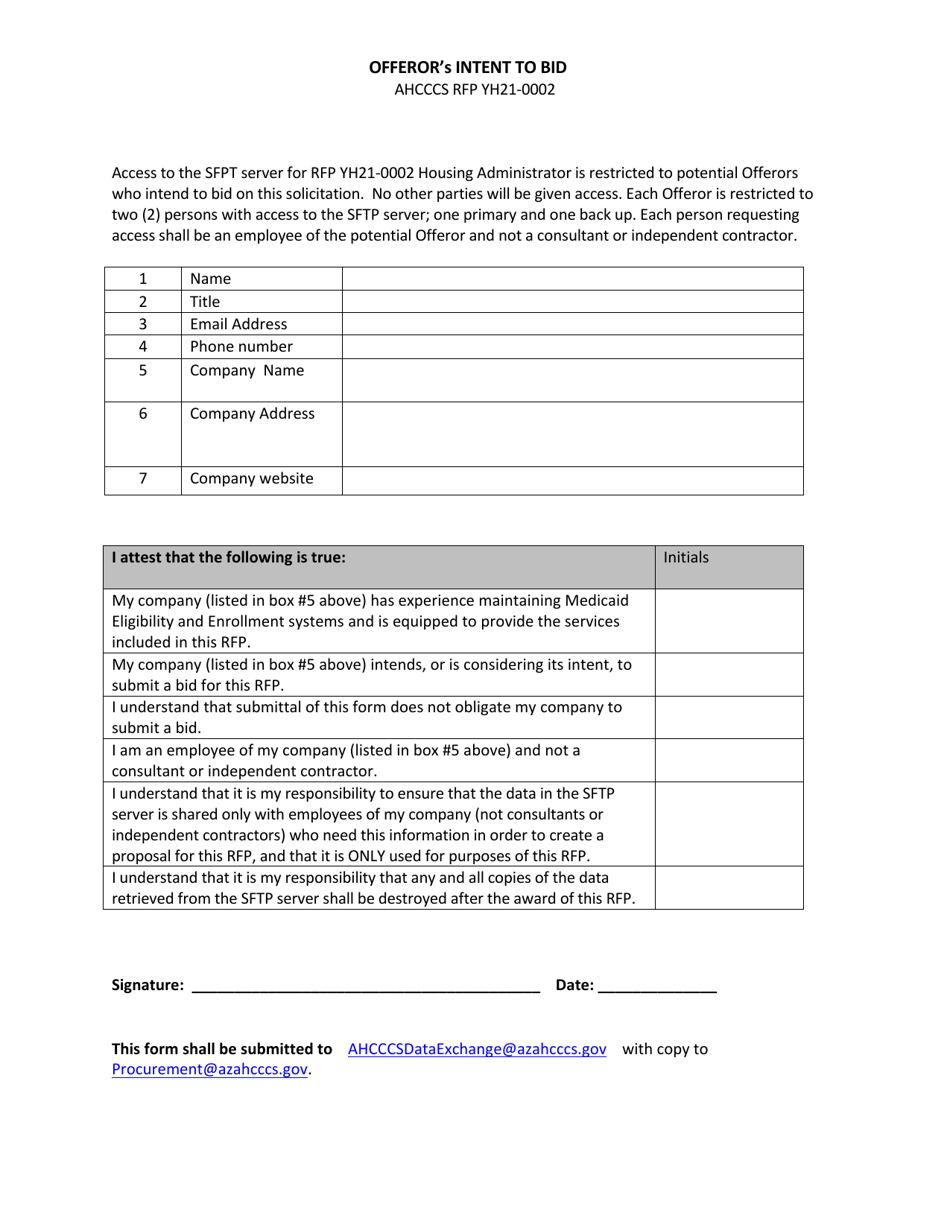 Arizona Offeror's Intent to Bid - Fill Out, Sign Online and Download ...