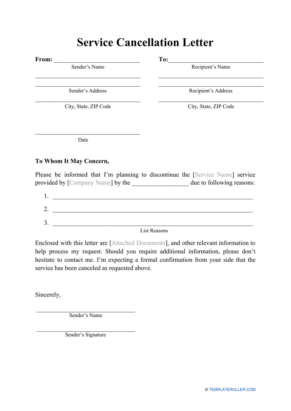 Service Cancellation Letter Template Download Printable PDF 