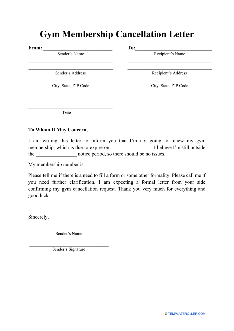 Gym Membership Cancellation Letter Template Download Printable PDF 