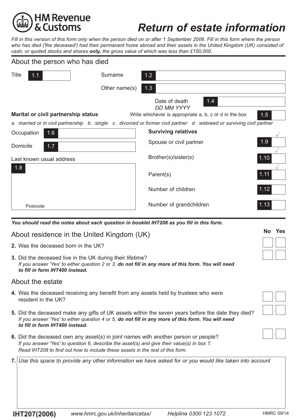 Form IHT207 - Fill Out, Sign Online and Download Fillable PDF, United ...