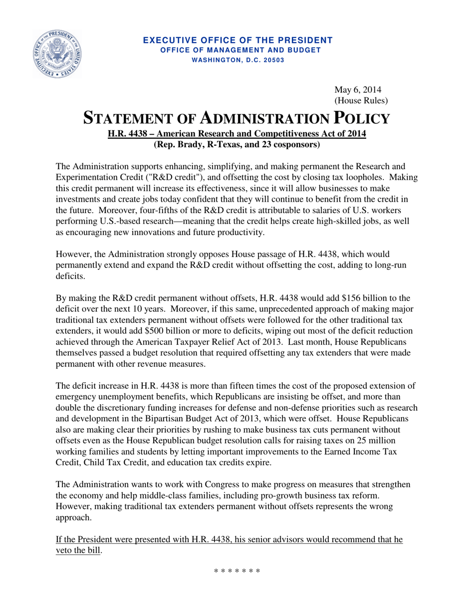 Statement of Administration Policy - H.r. 4438 - Fill Out, Sign Online ...