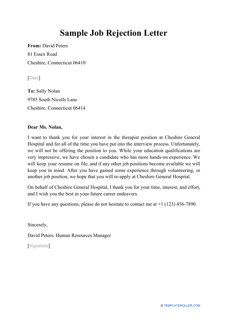 Sample Job Rejection Letter Download Printable PDF Templateroller
