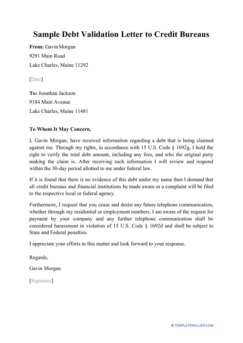 Sample Debt Validation Letter To Credit Bureaus Download Printable PDF 