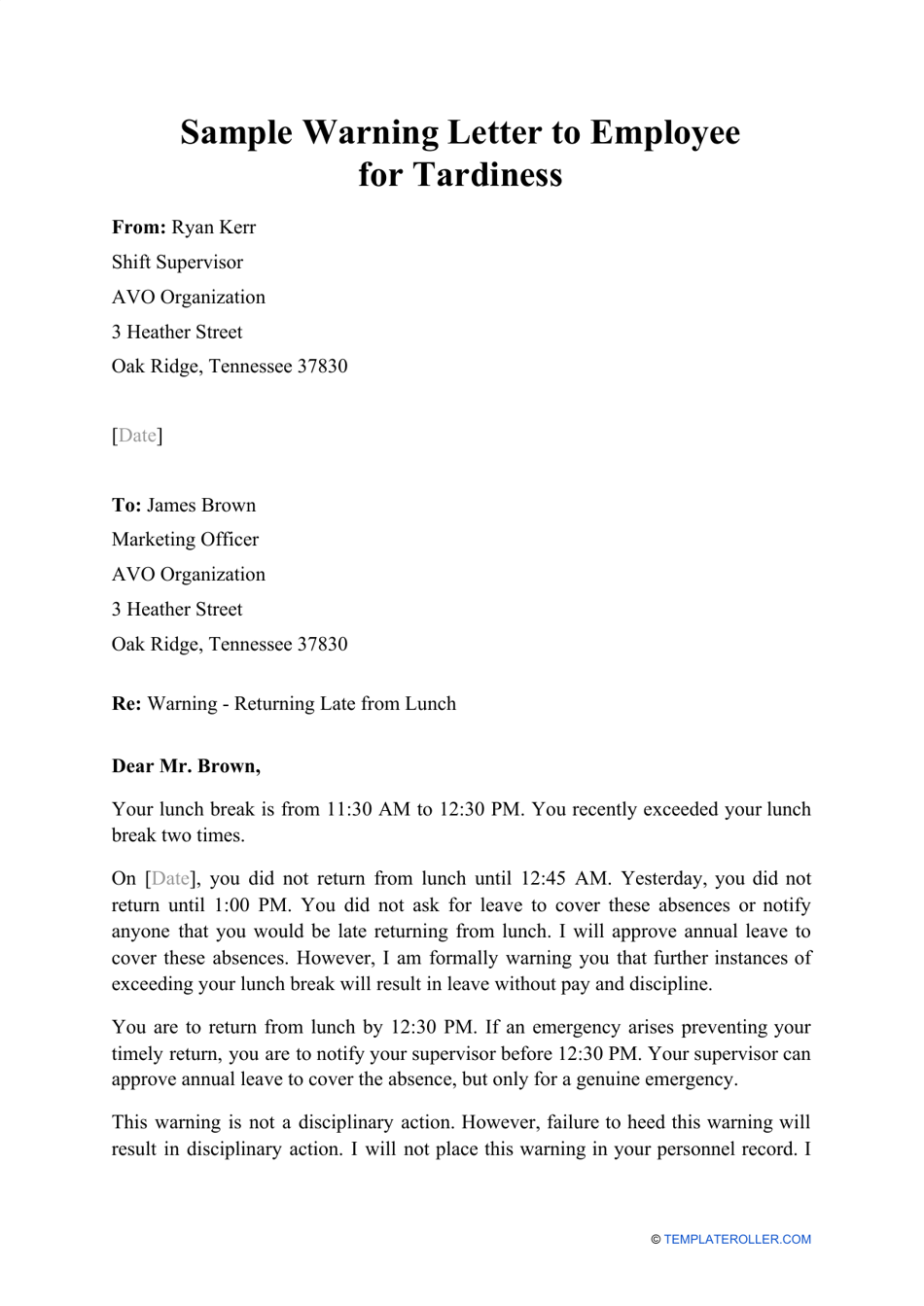 Sample Warning Letter to Employee for Tardiness Download Printable PDF | Templateroller