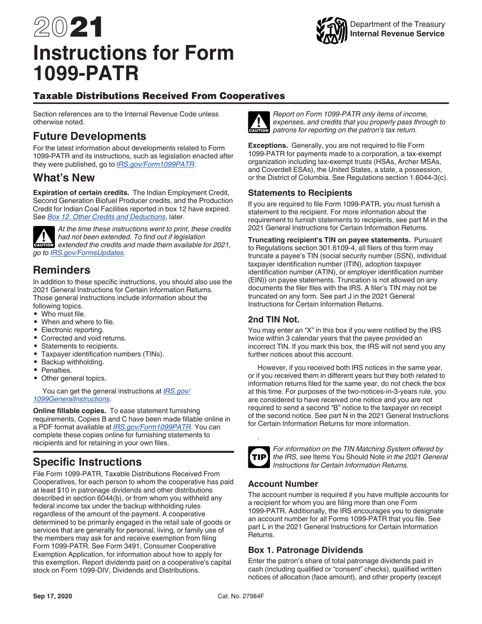 Download Instructions for IRS Form 1099-PATR Taxable Distributions ...