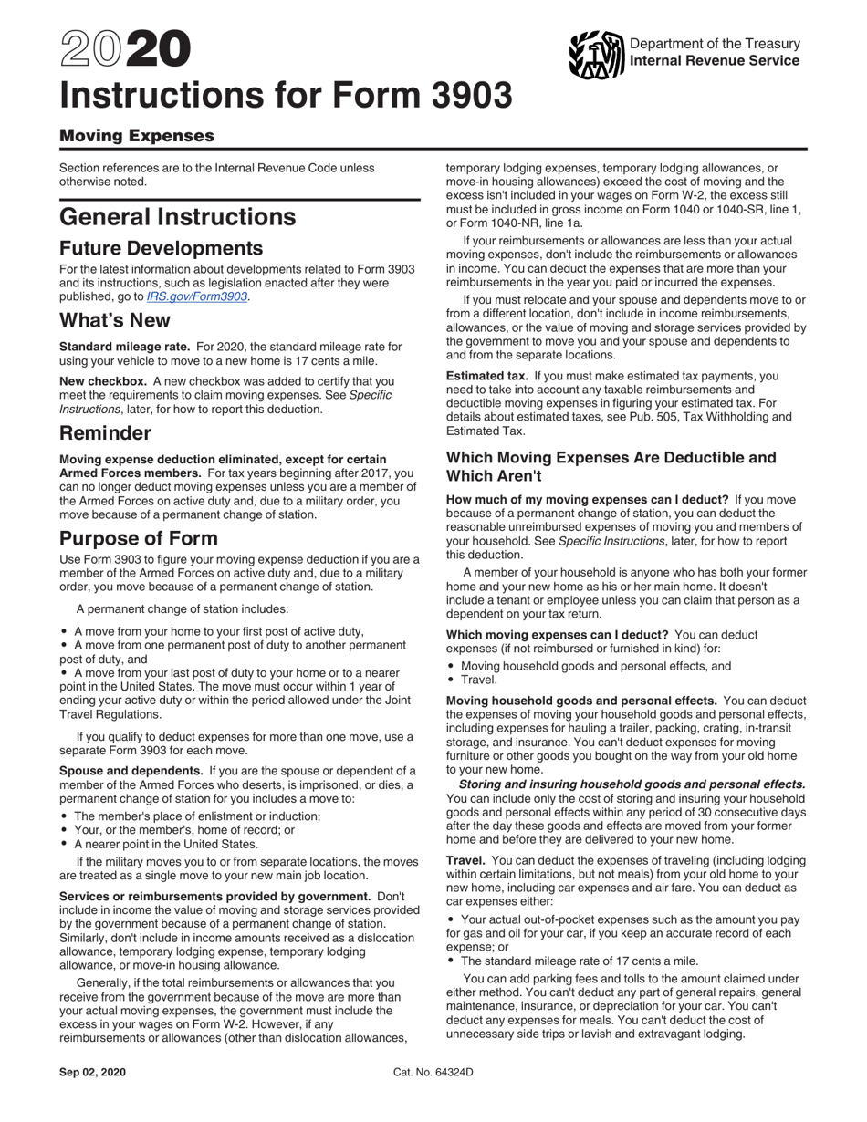 Download Instructions for IRS Form 3903 Moving Expenses PDF, 2020 ...