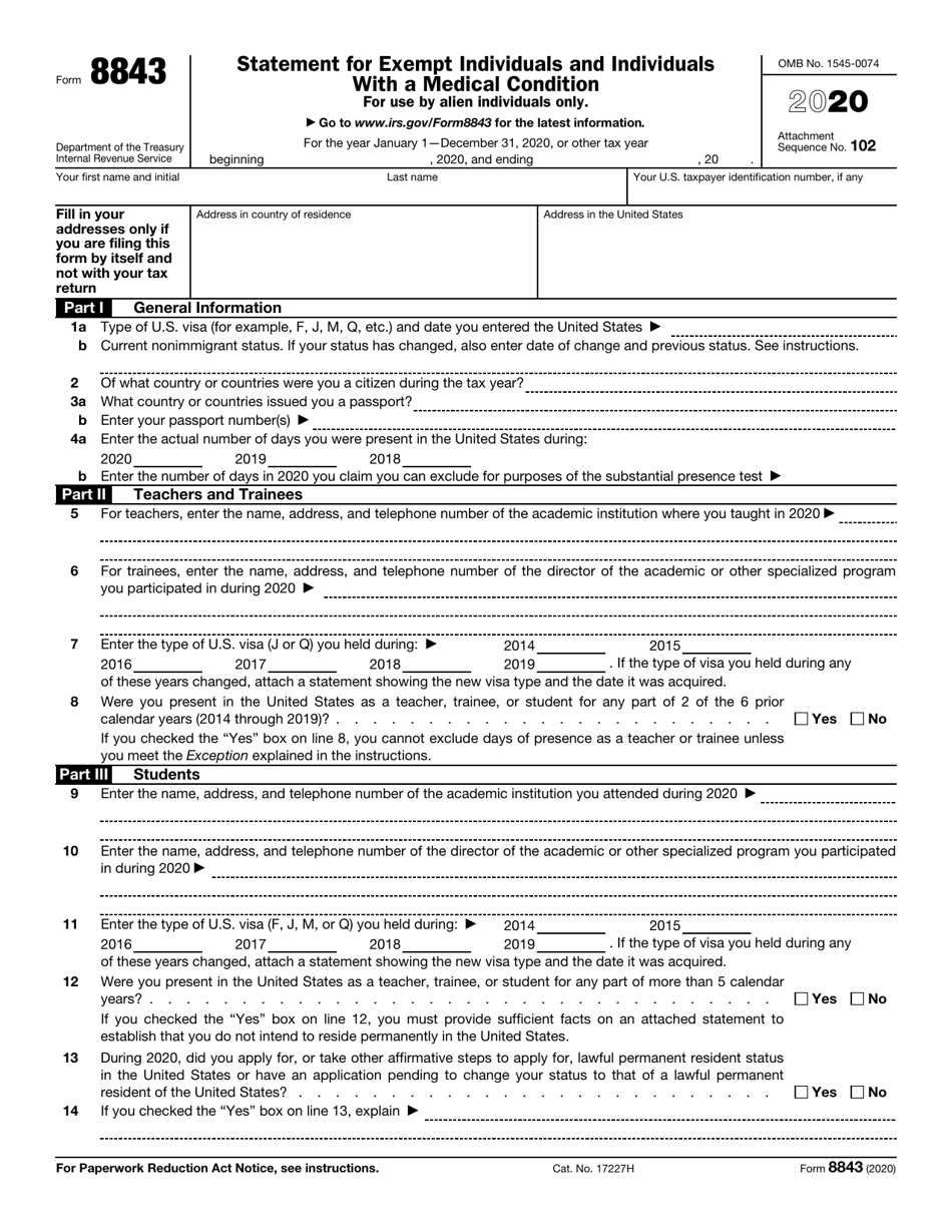 IRS Form 8843 Download Fillable PDF or Fill Online Statement for Exempt ...
