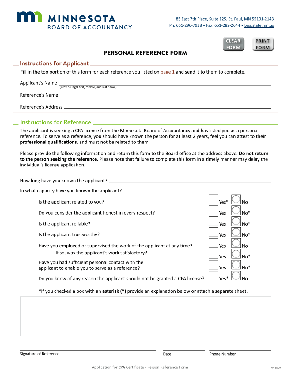 Minnesota Personal Reference Form Download Fillable PDF 2018 — 2025 ...