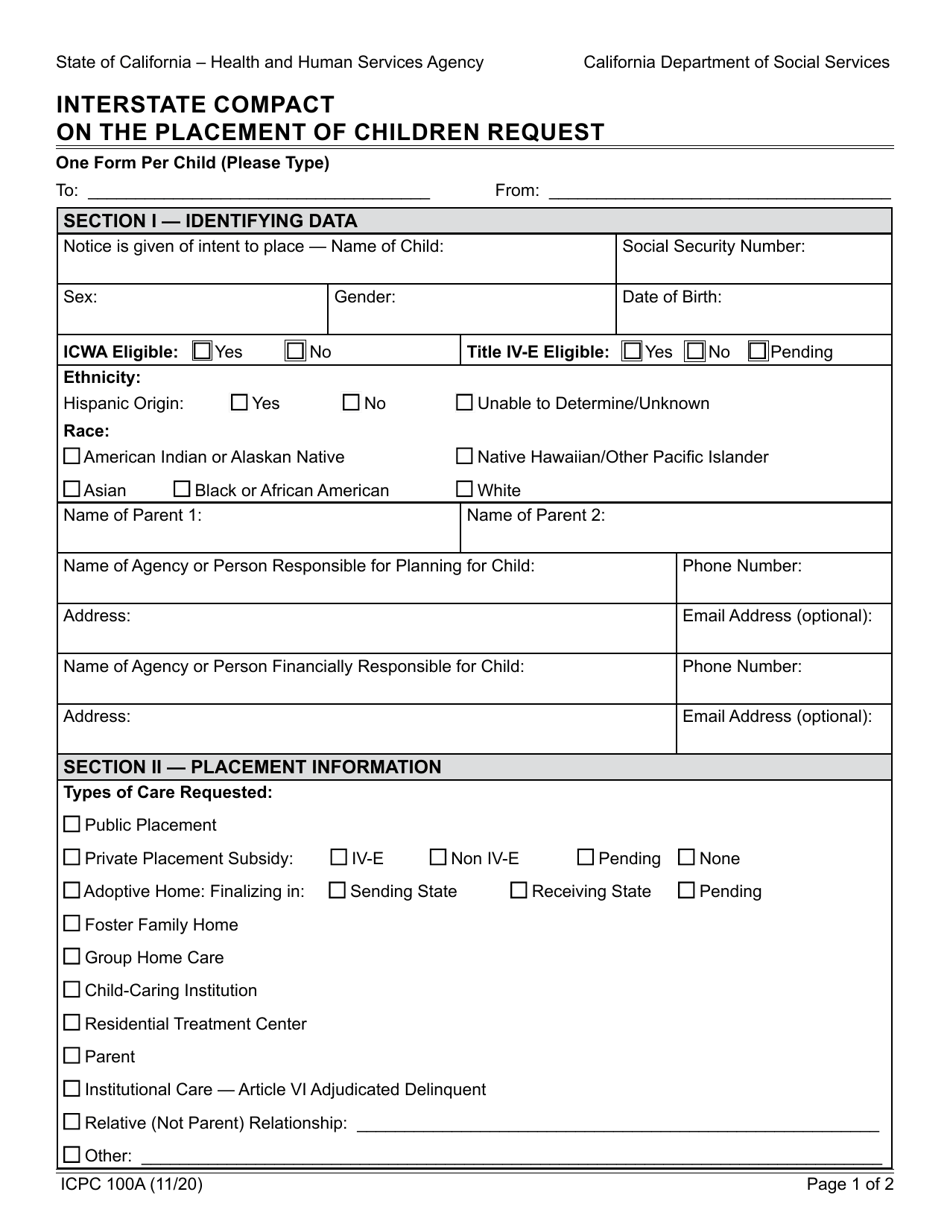 Form ICPC100A Download Fillable PDF or Fill Online Interstate Compact ...