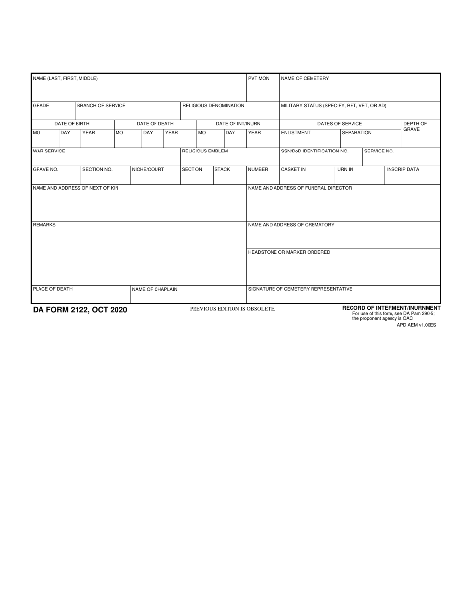 DA Form 2122 Download Fillable PDF or Fill Online Record of Interment ...