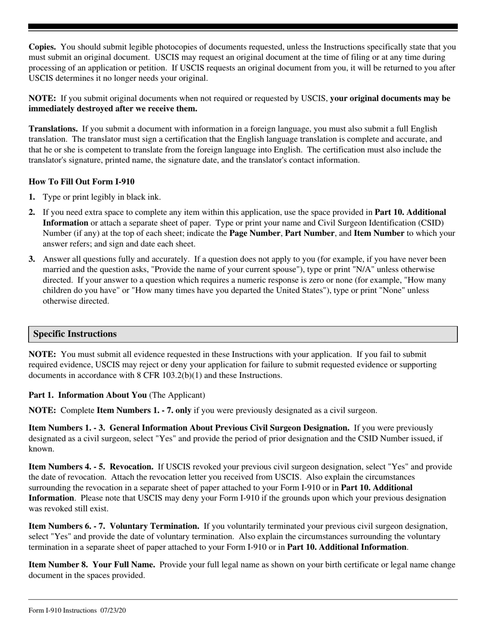 Download Instructions for USCIS Form I-910 Application for Civil Surgeon Designation PDF ...
