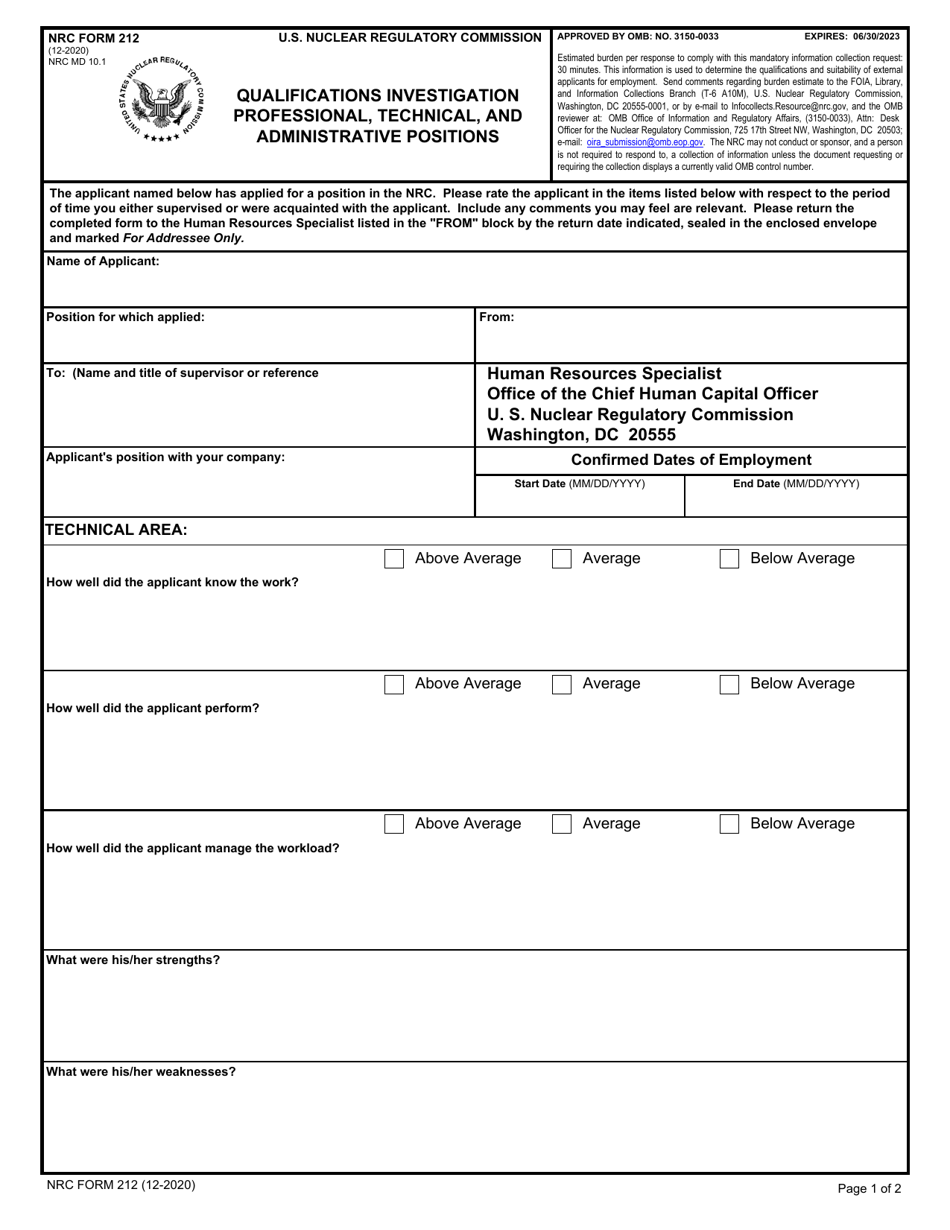 NRC Form 212 Download Fillable PDF or Fill Online Qualifications ...