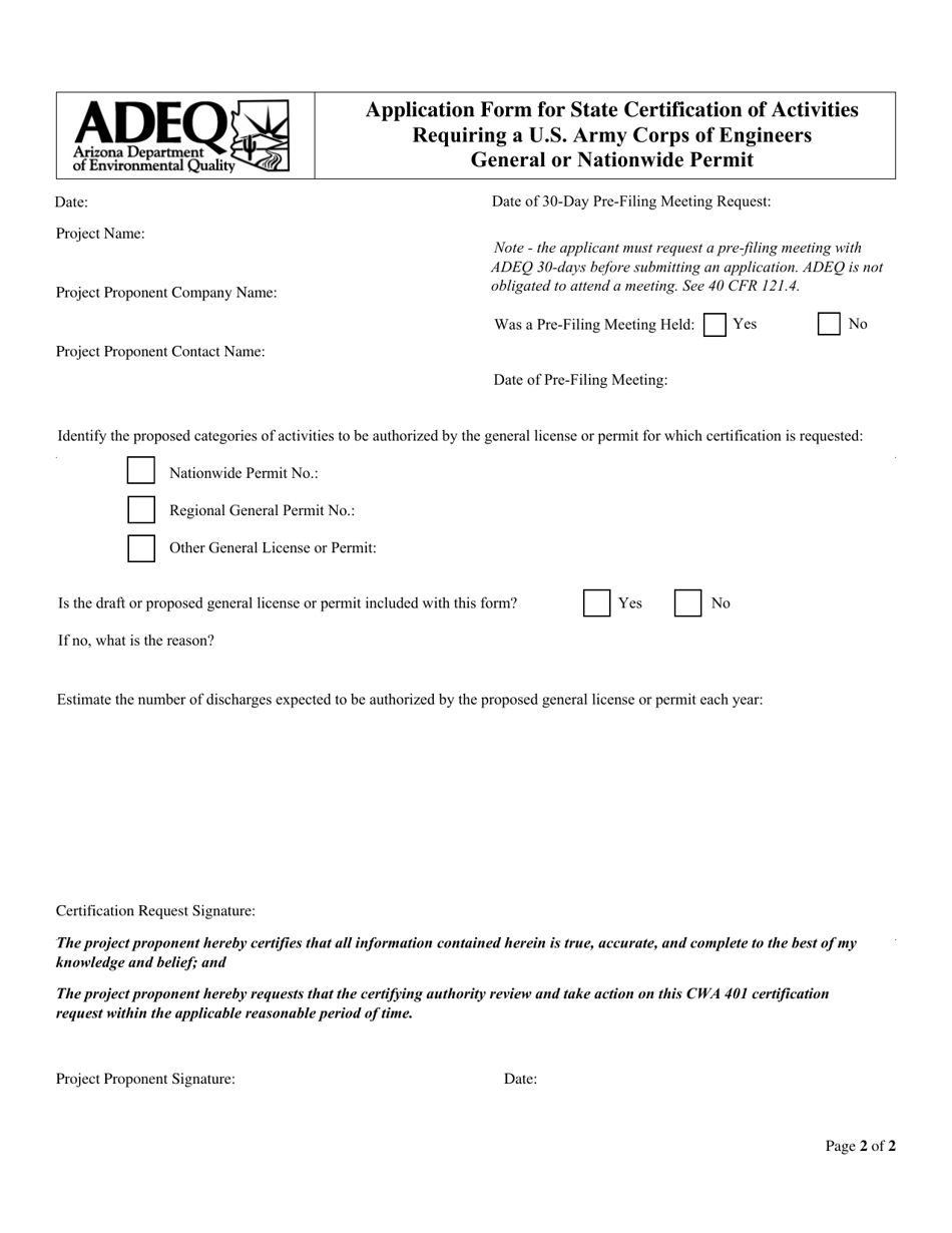 Arizona Application Form for State Certification of Activities ...