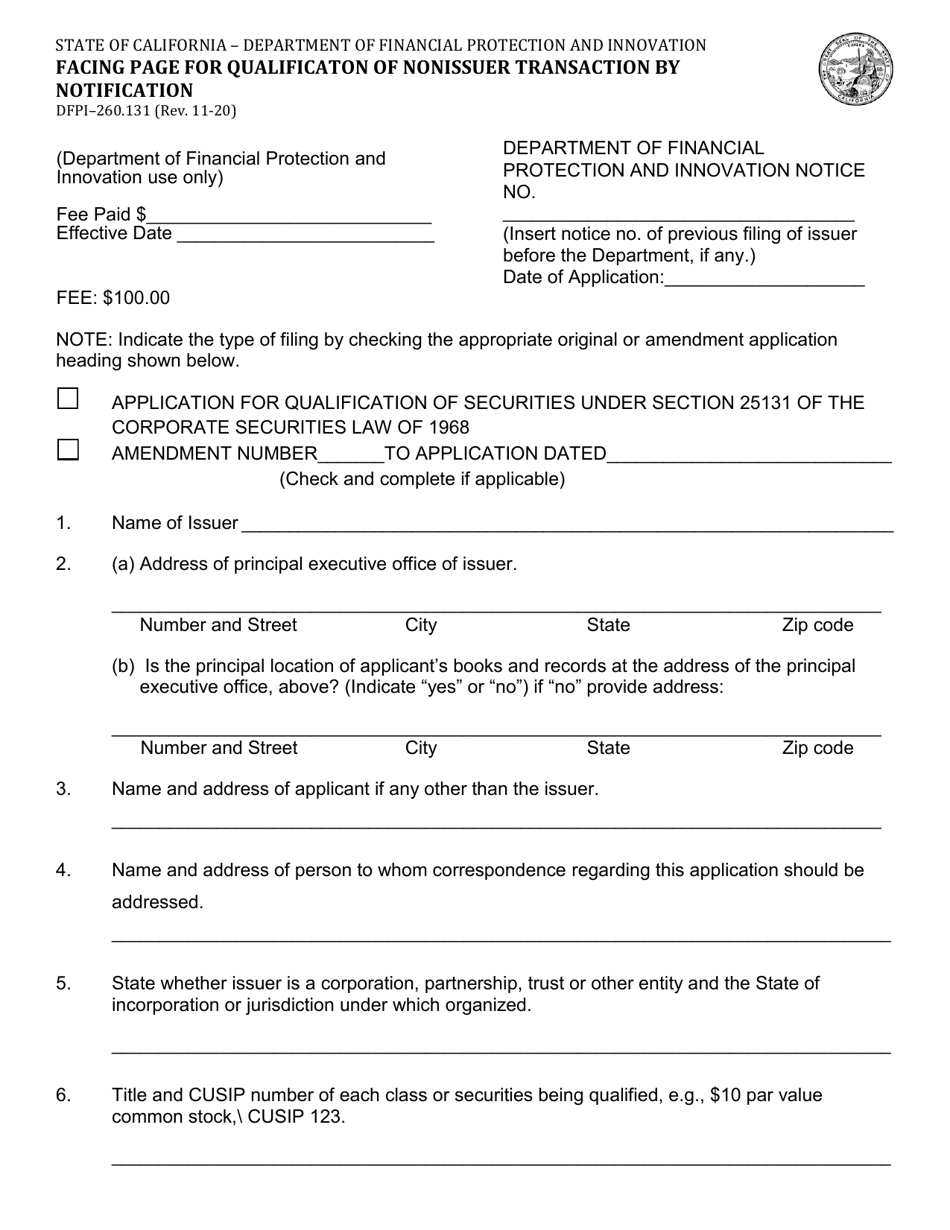 Form DFPI-260.131 - Fill Out, Sign Online and Download Fillable PDF ...