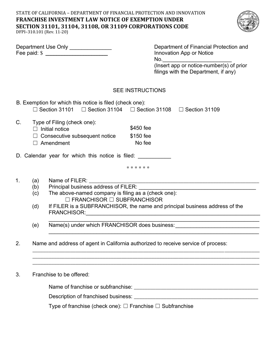 Form DFPI-310.101 Download Printable PDF or Fill Online Franchise ...