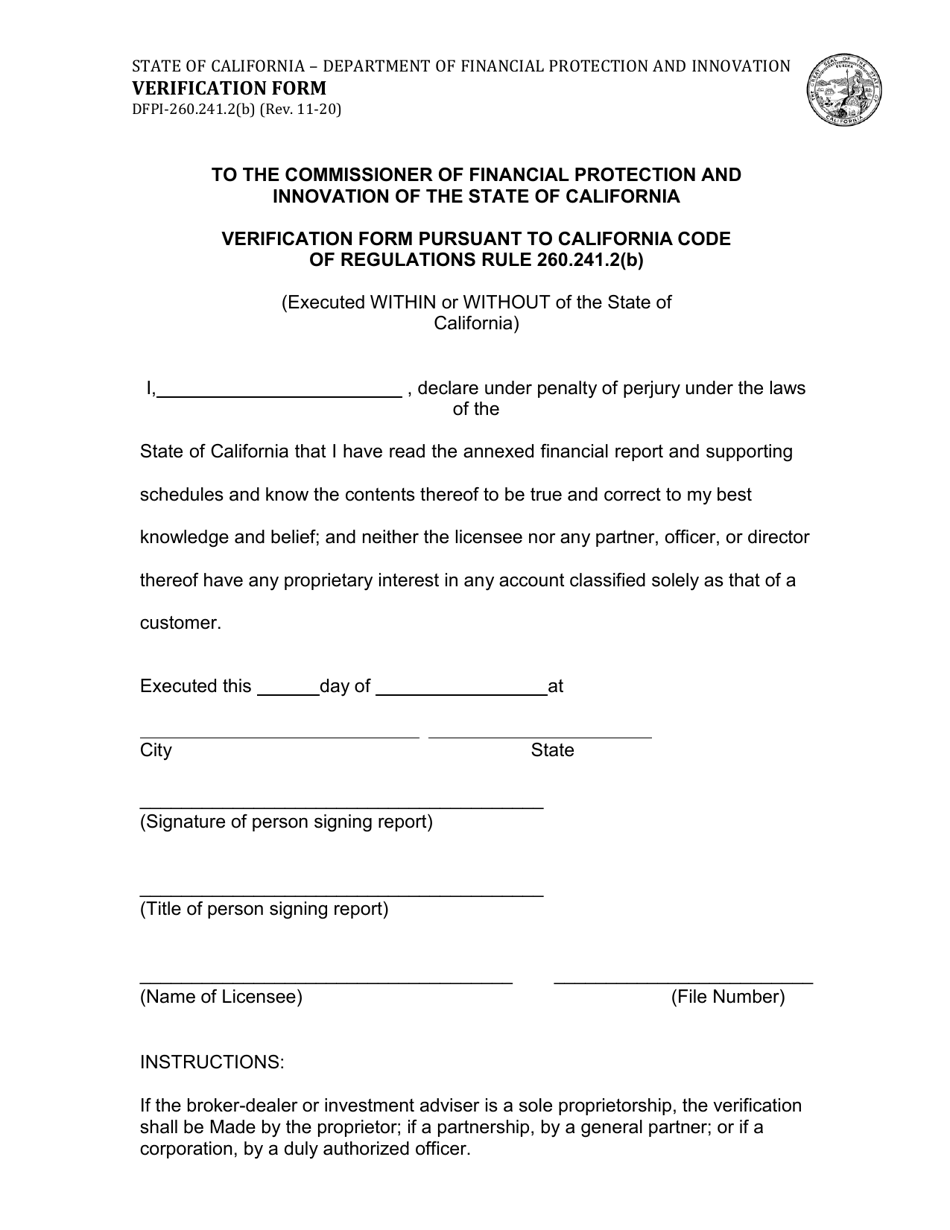 Form DFPI-260.241.2 (B) - Fill Out, Sign Online and Download Fillable ...