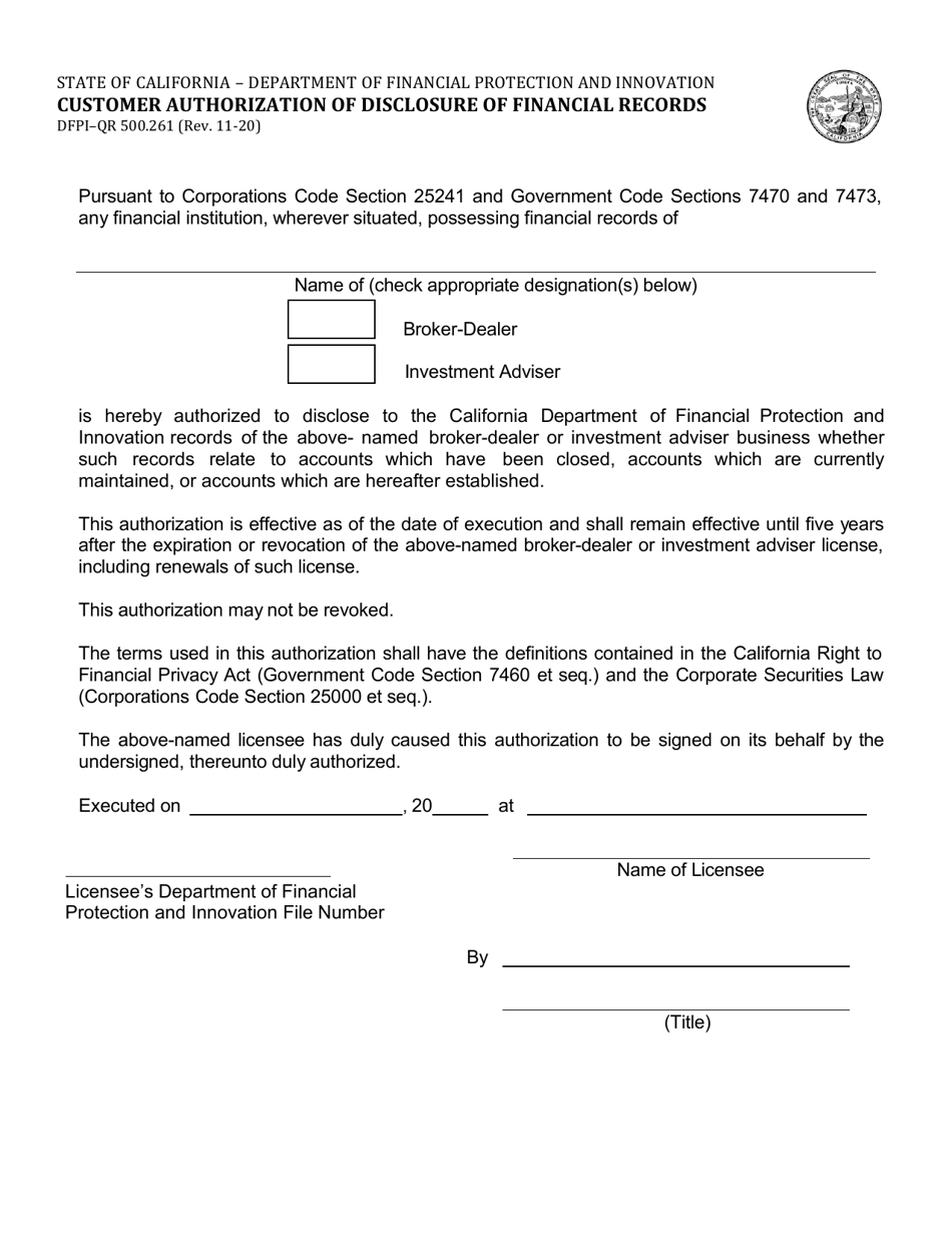 Form DFPI-QR500.261 - Fill Out, Sign Online and Download Fillable PDF, California | Templateroller