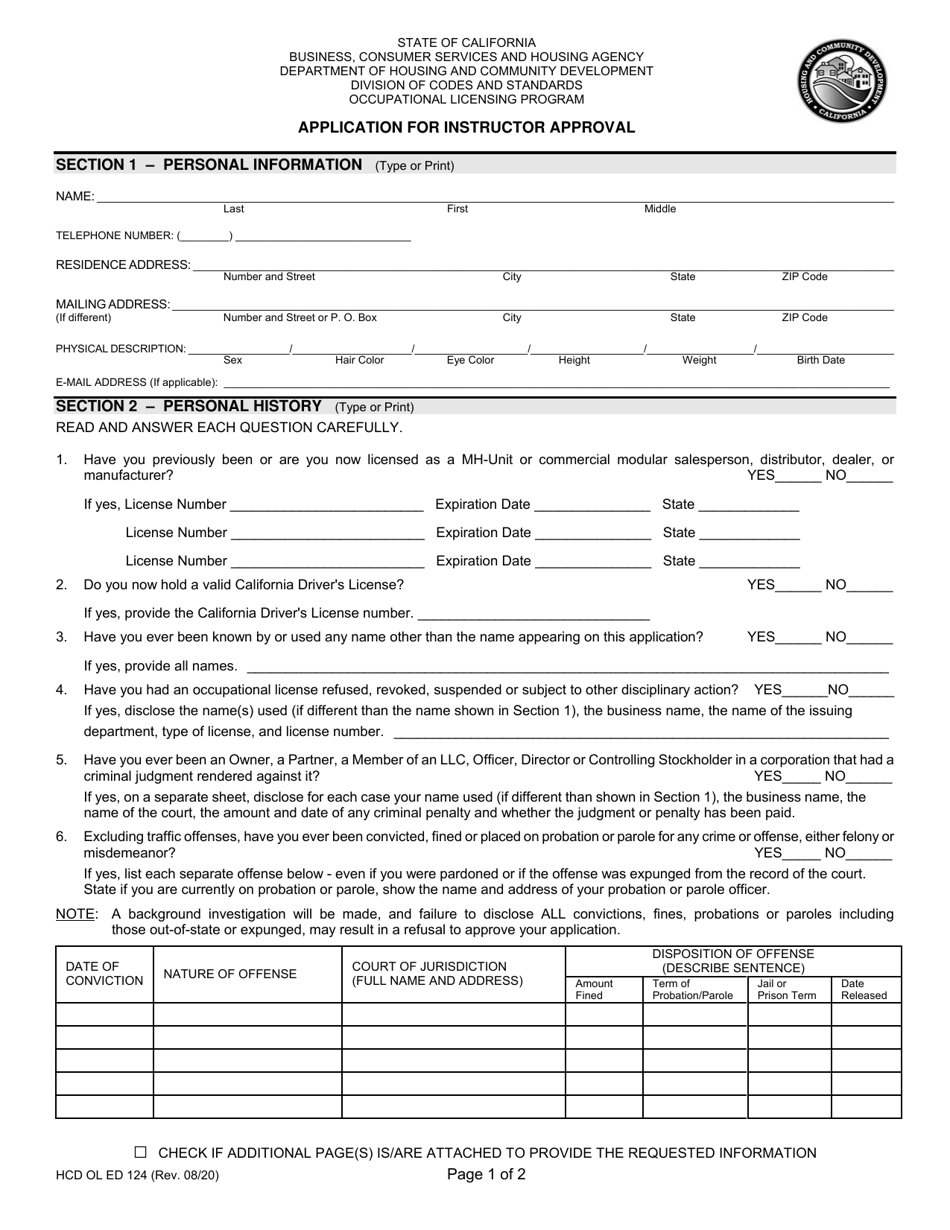 Form HCD OL ED124 Download Printable PDF or Fill Online Application for Instructor Approval ...