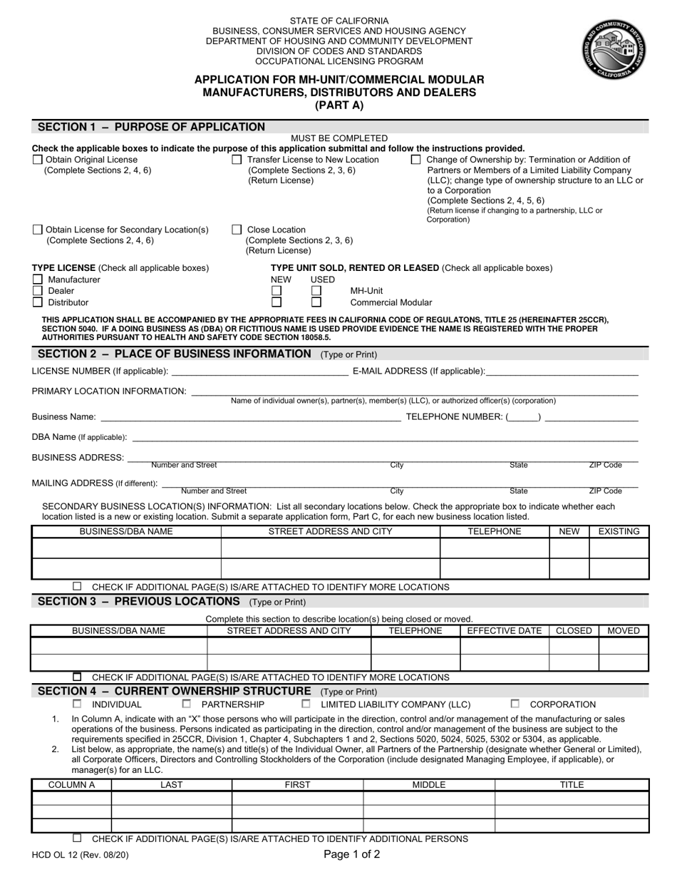 Form HCD OL12 Part A Download Fillable PDF or Fill Online Application ...