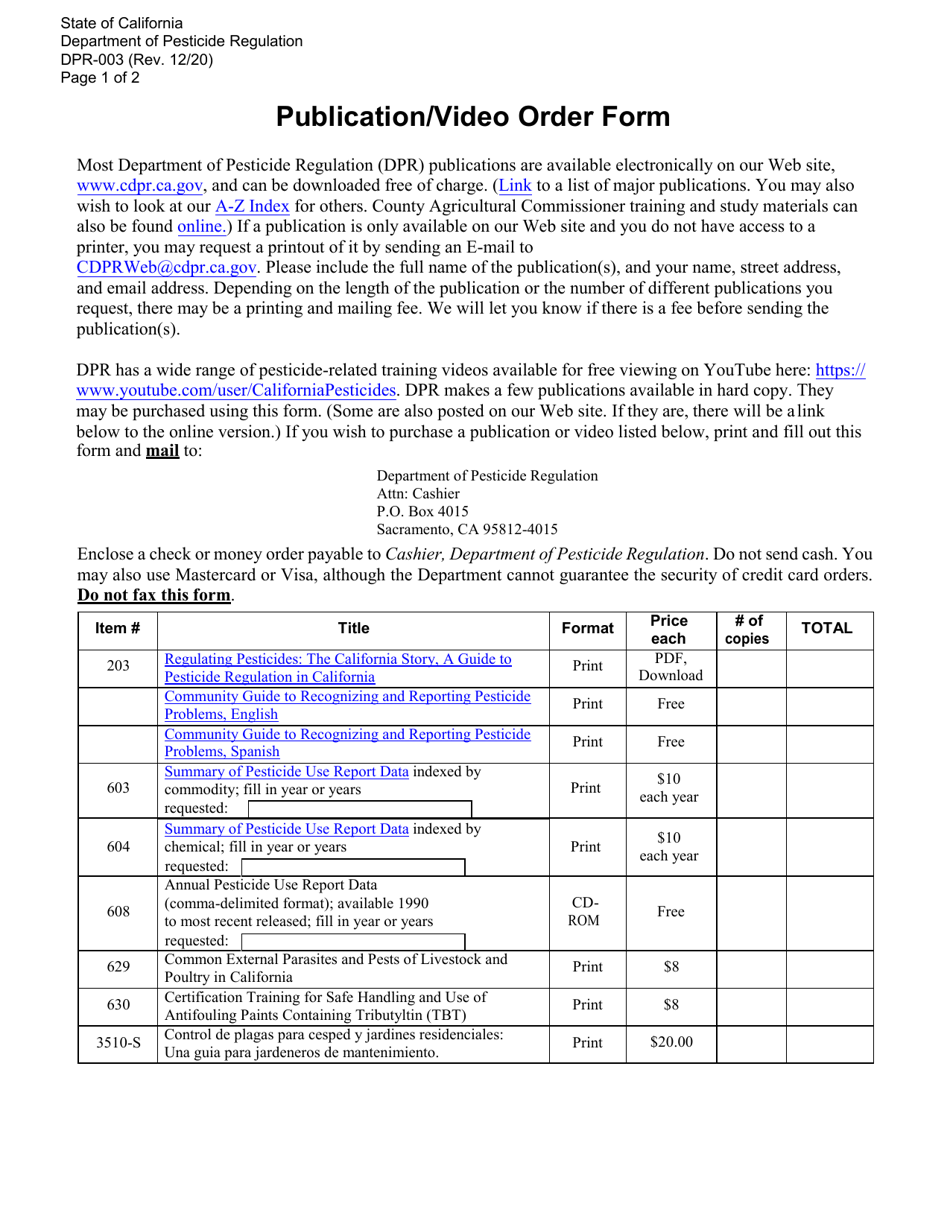 Form DPR-003 Download Fillable PDF or Fill Online Publication/Video ...