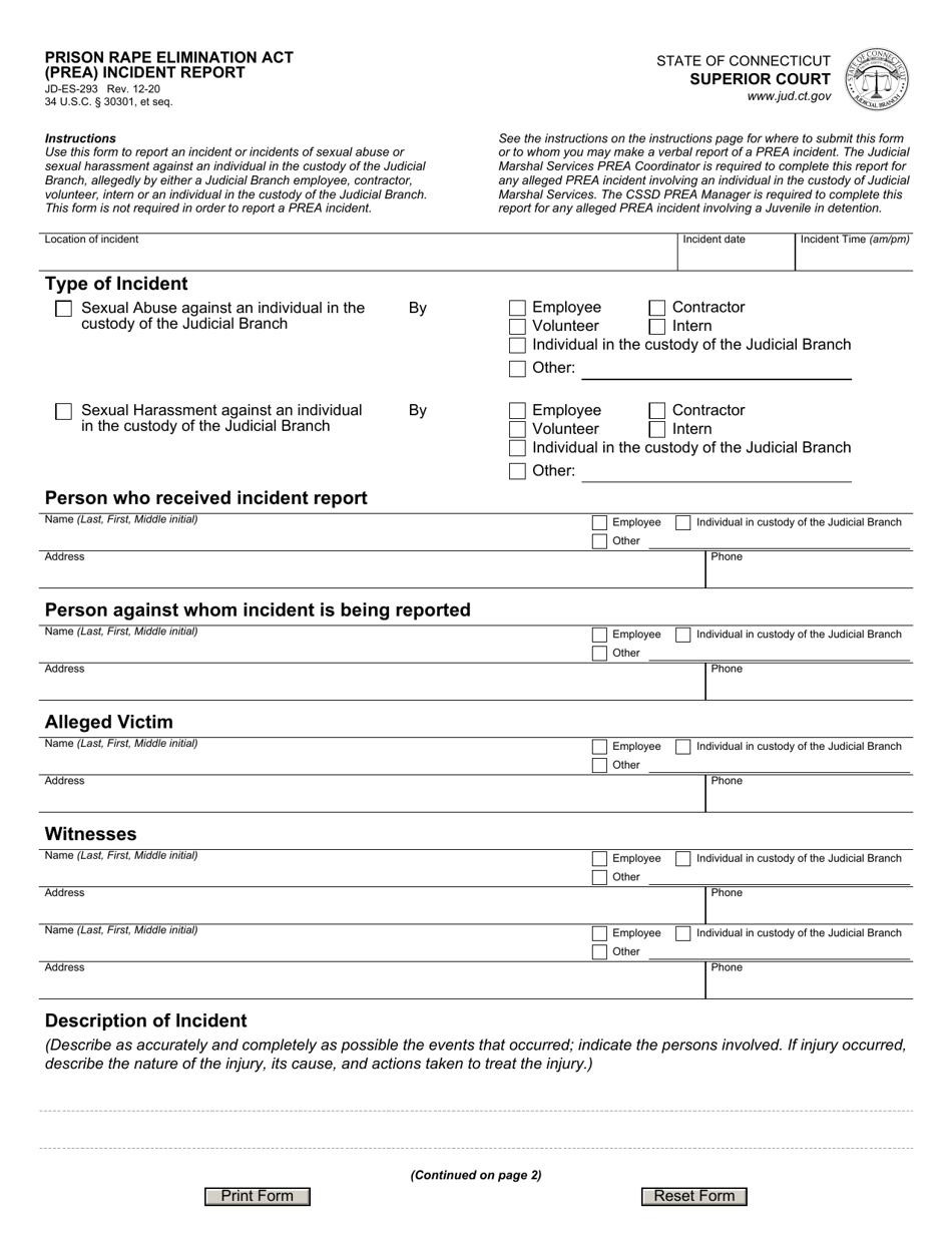 Form JD-ES-293 Download Fillable PDF or Fill Online Prison Rape ...