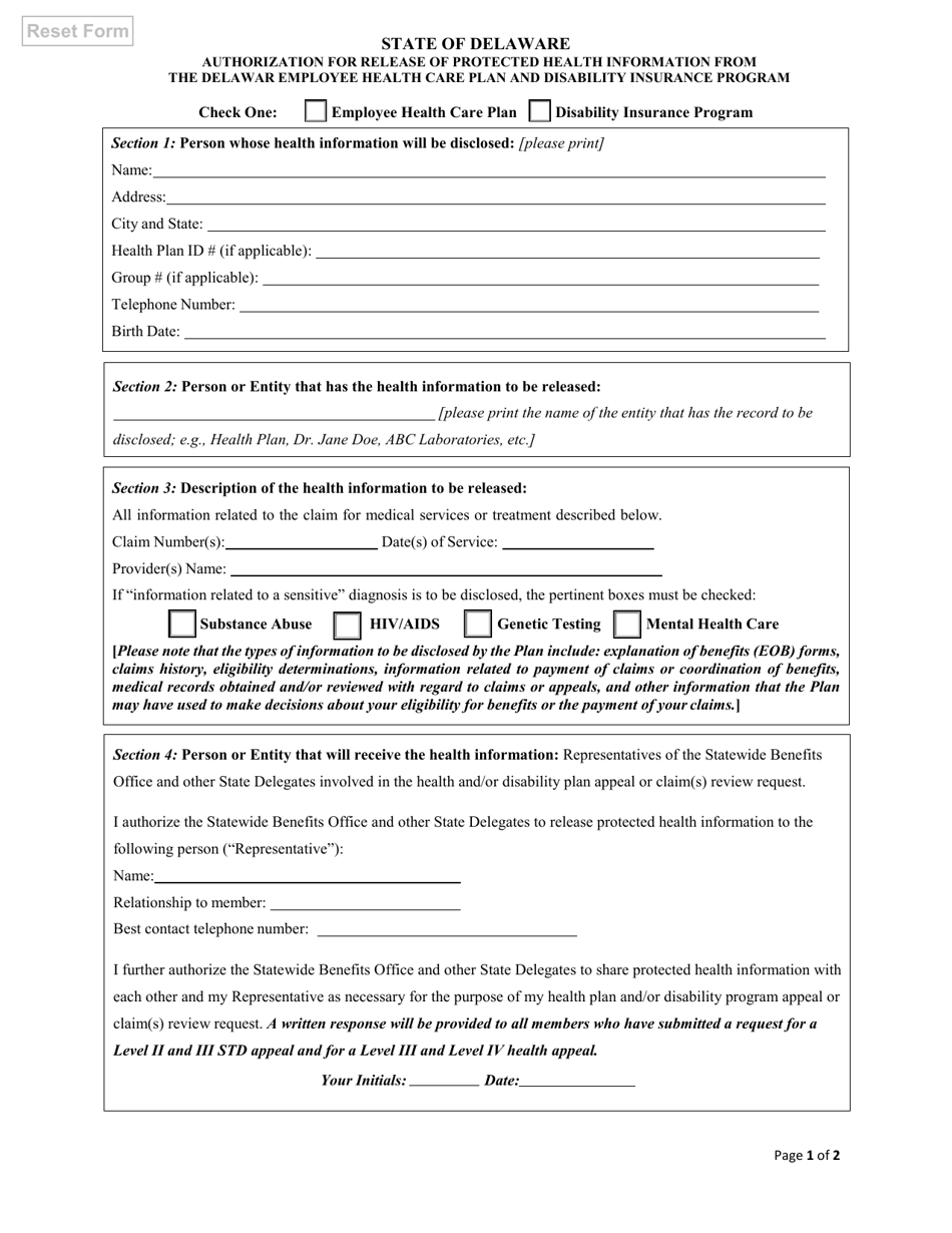 Delaware Authorization for Release of Protected Health Information From ...