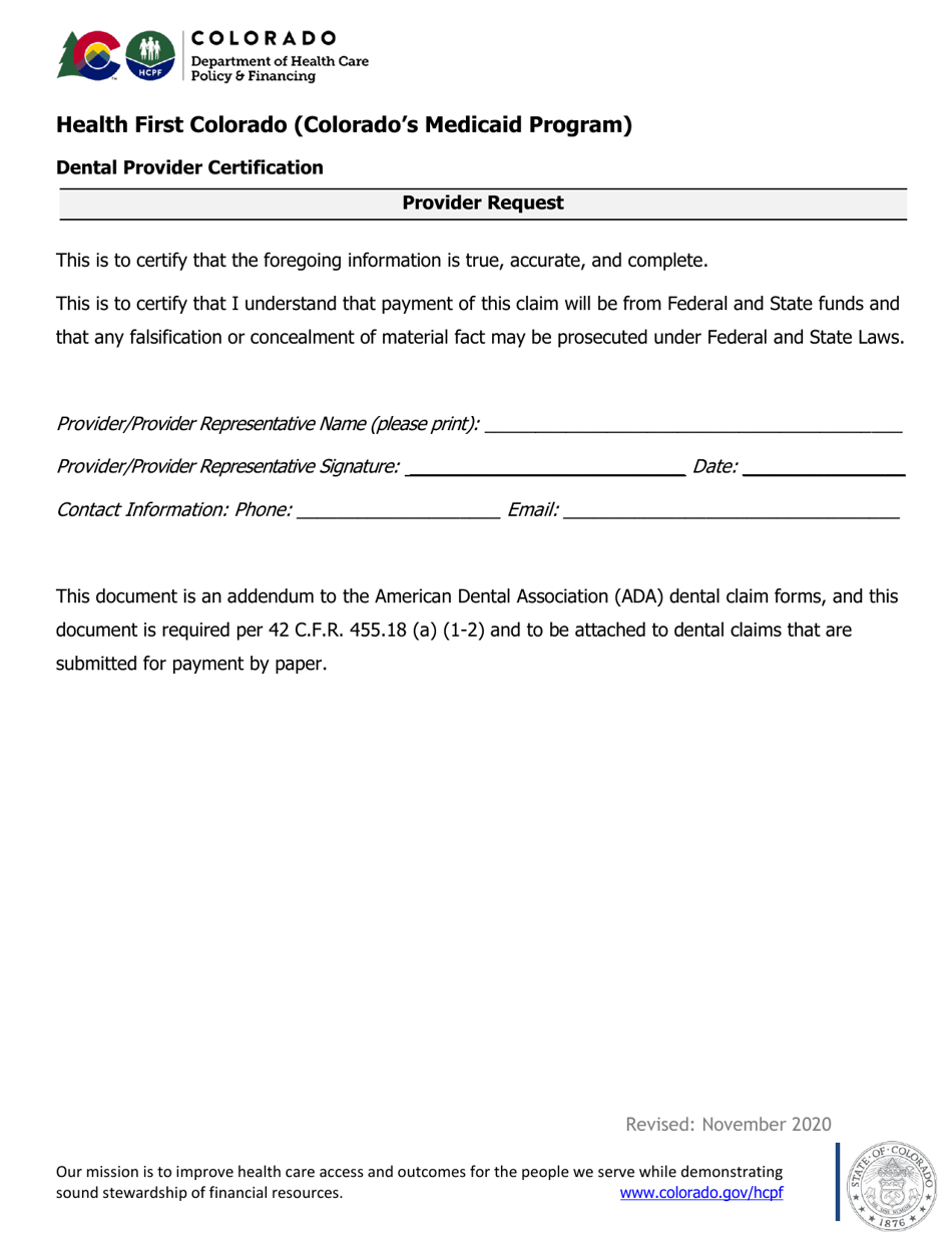 Colorado Dental Provider Certification Download Printable PDF ...