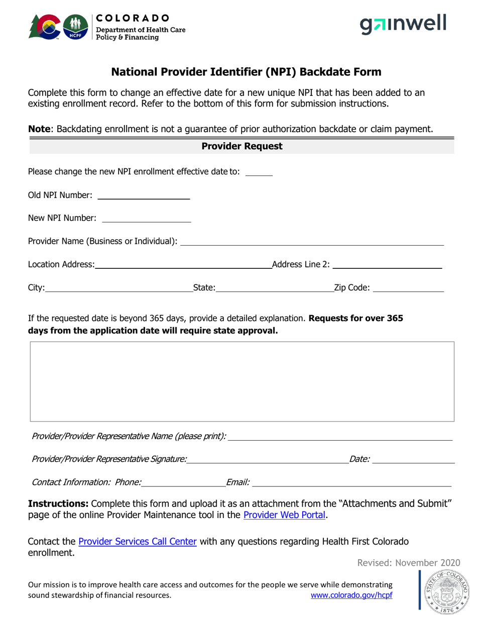 Colorado National Provider Identifier (Npi) Backdate Form - Fill Out ...