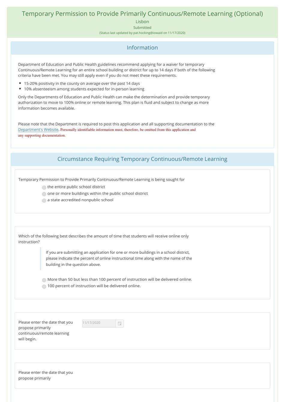 Iowa Temporary Permission to Provide Primarily Continuous/Remote ...