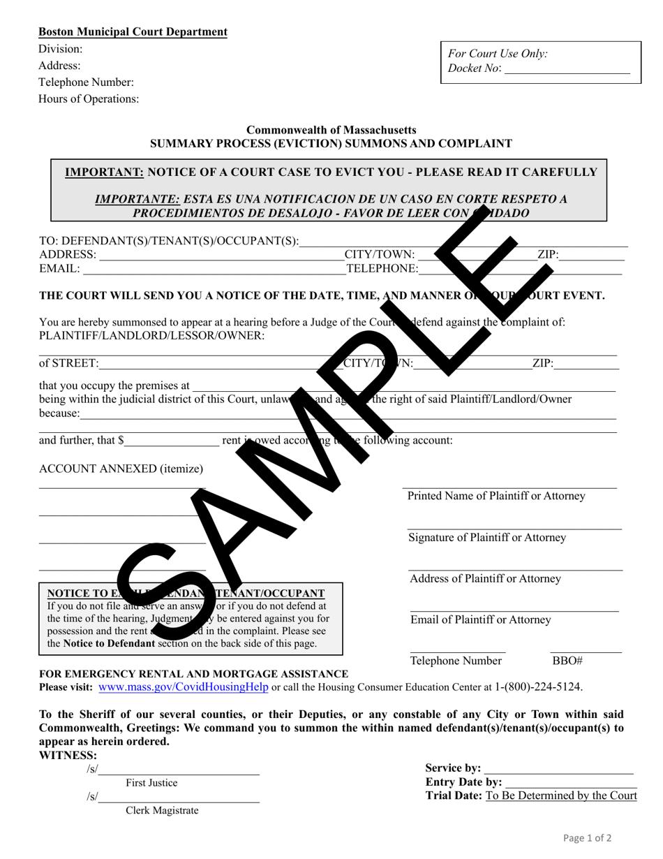 City of Boston, Massachusetts Summary Process (Eviction) Summons and Complaint - Fill Out, Sign ...