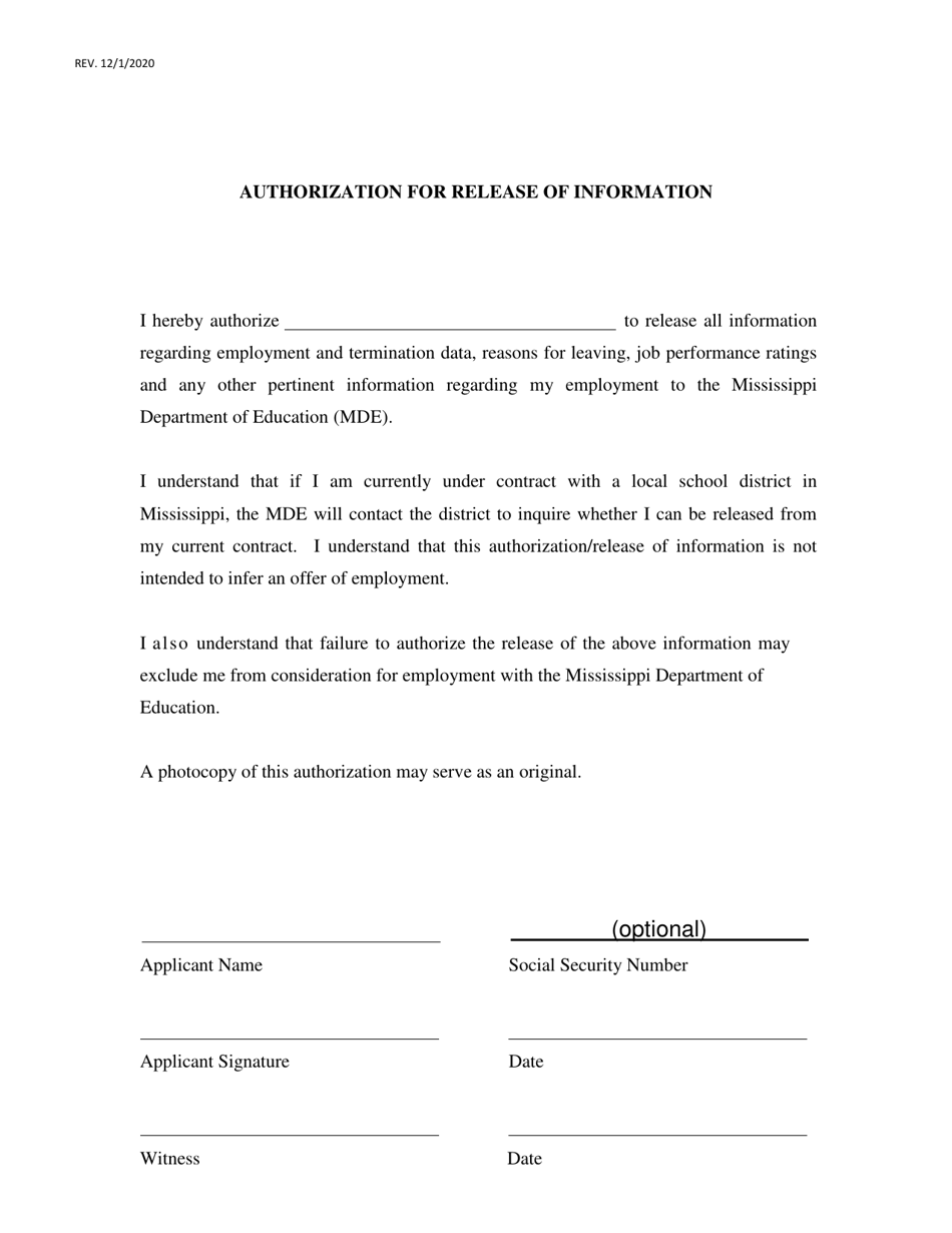 Mississippi Authorization for Release of Information Download Fillable ...