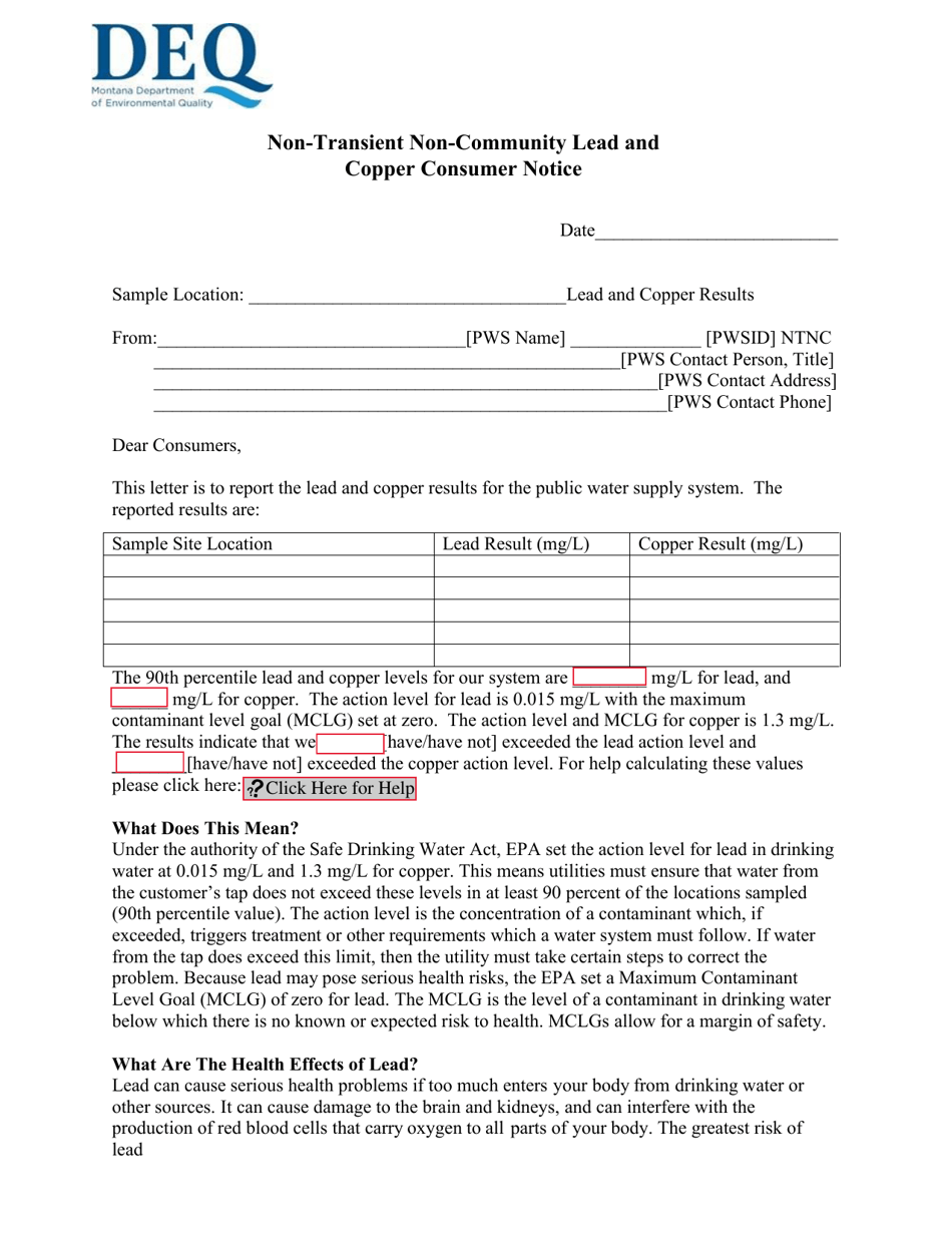 Montana Non-transient Non-community Lead and Copper Consumer Notice ...