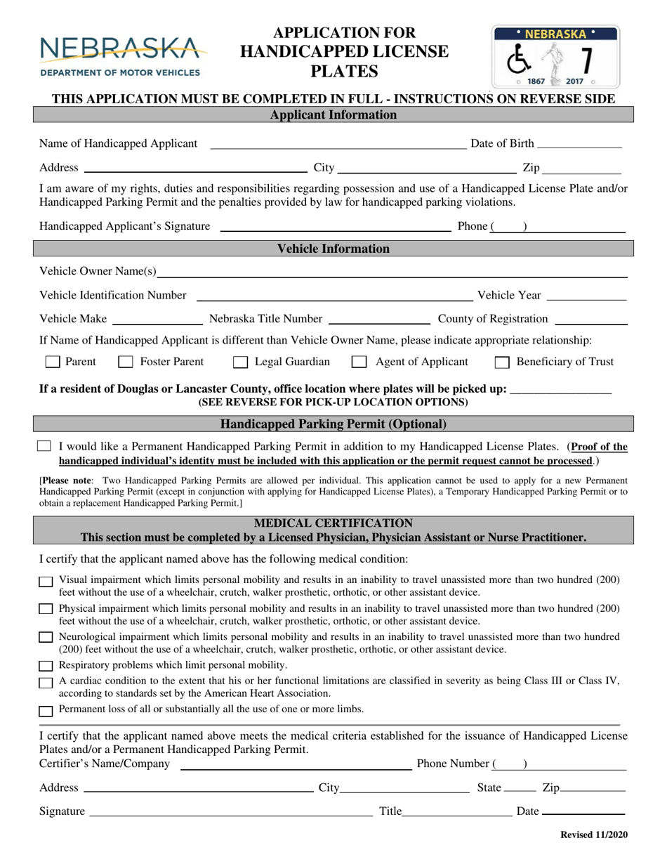 Nebraska Application for Handicapped License Plates Download Fillable ...
